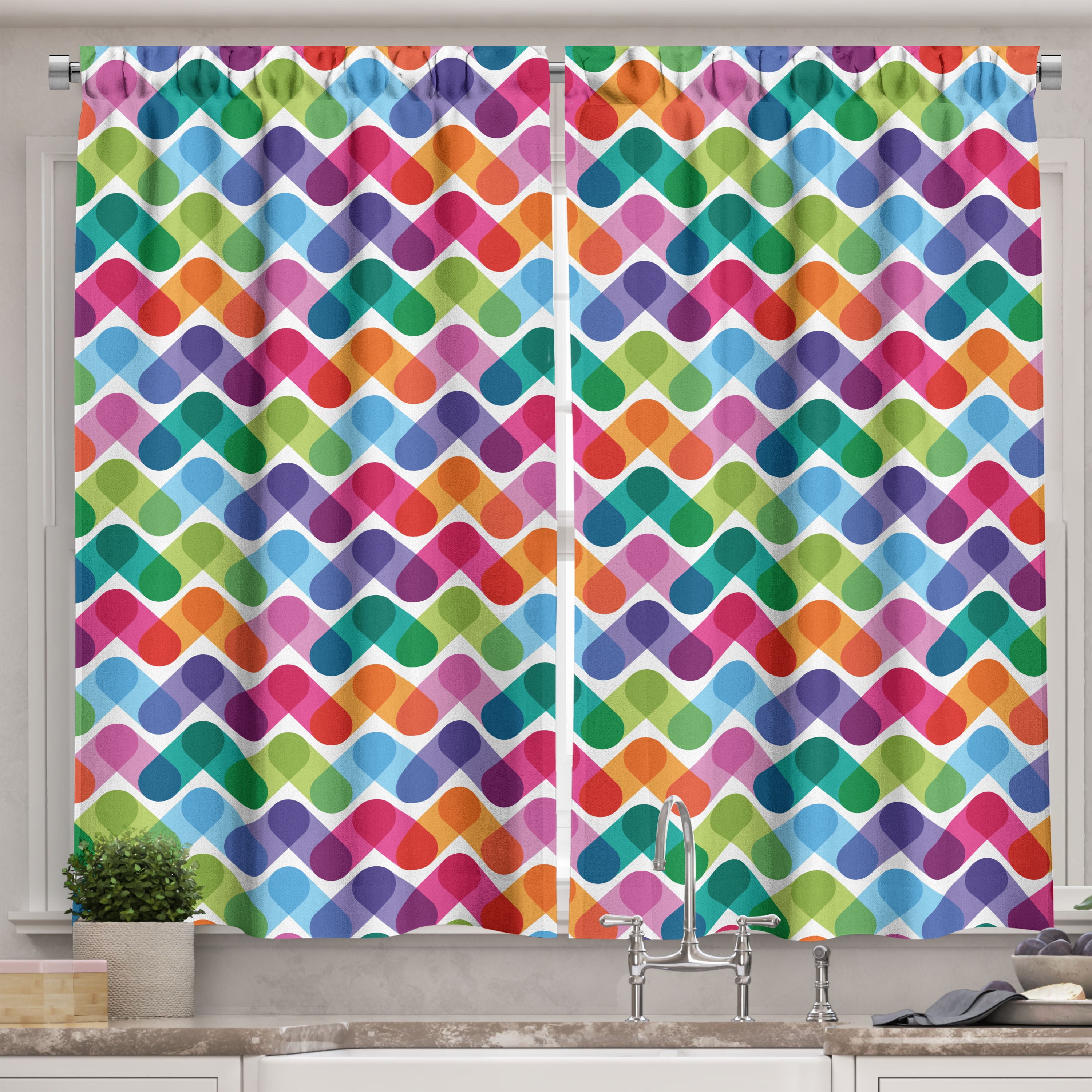 Ambesonne Colorful Kitchen Curtains, Lively and Geometrical, 55"x39 ...