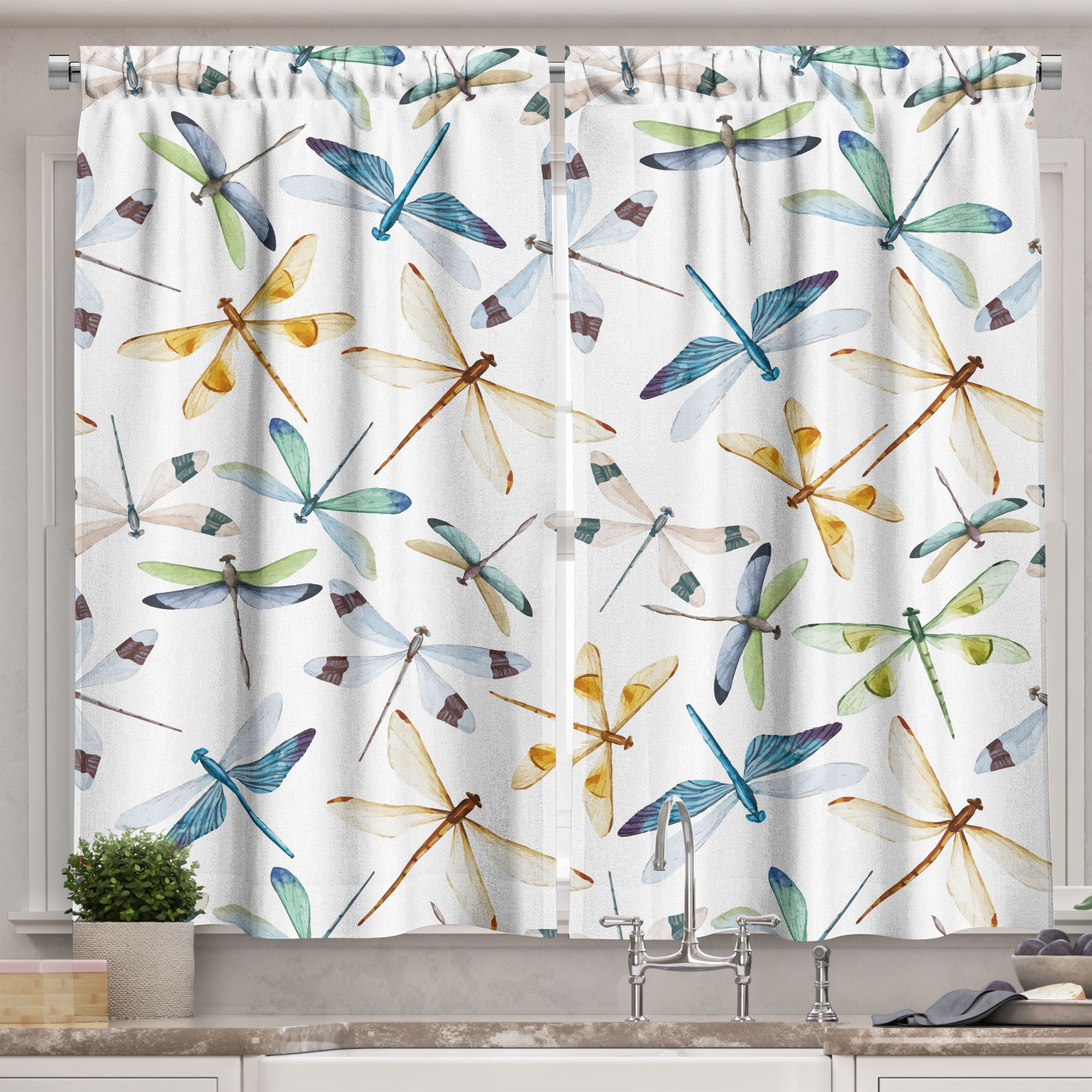 Ambesonne Colorful Kitchen Curtains, Minimalist Dragonflies, 55"x39 ...