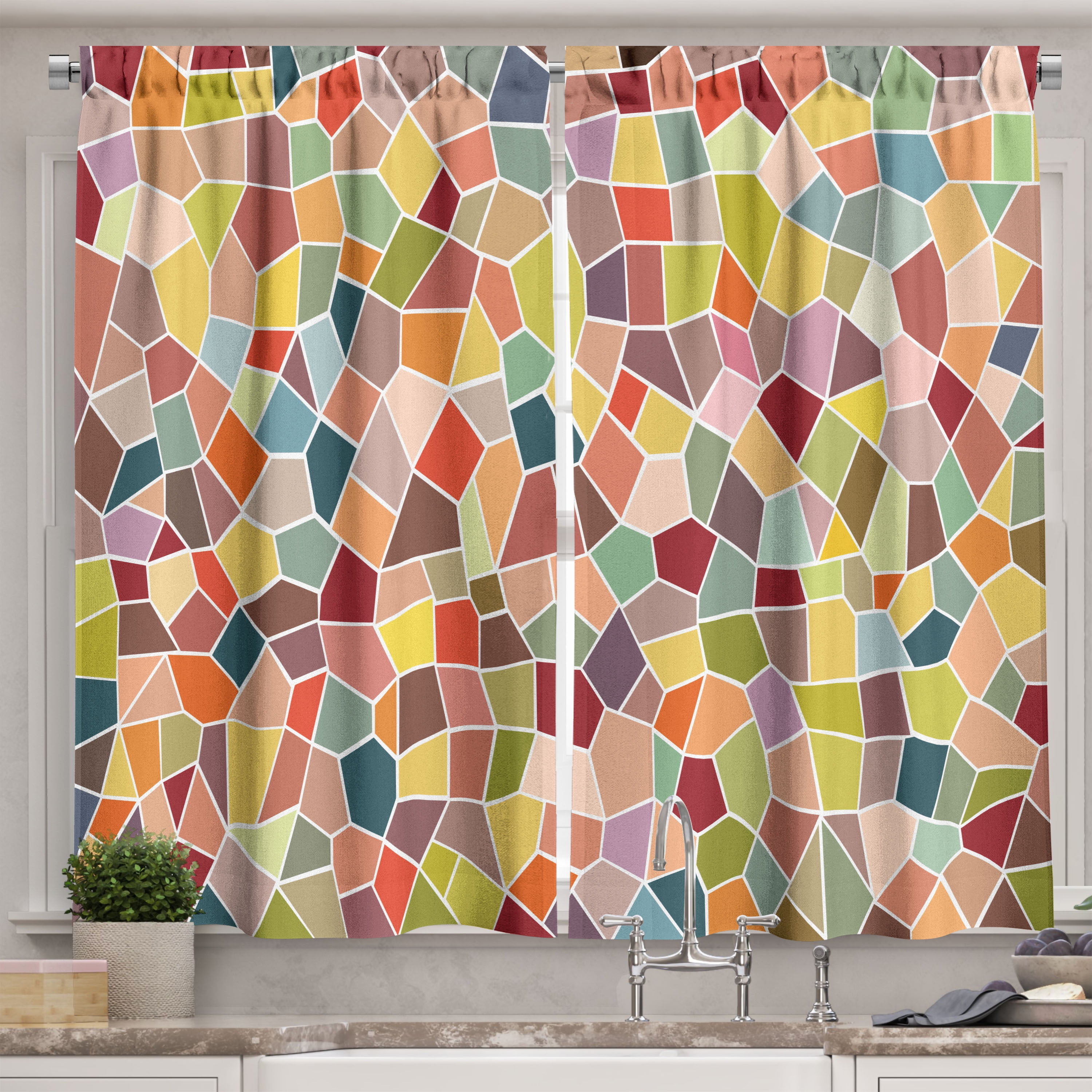 Ambesonne Colorful Kitchen Curtains, Motley Retro Mosaic, 55"x39 ...
