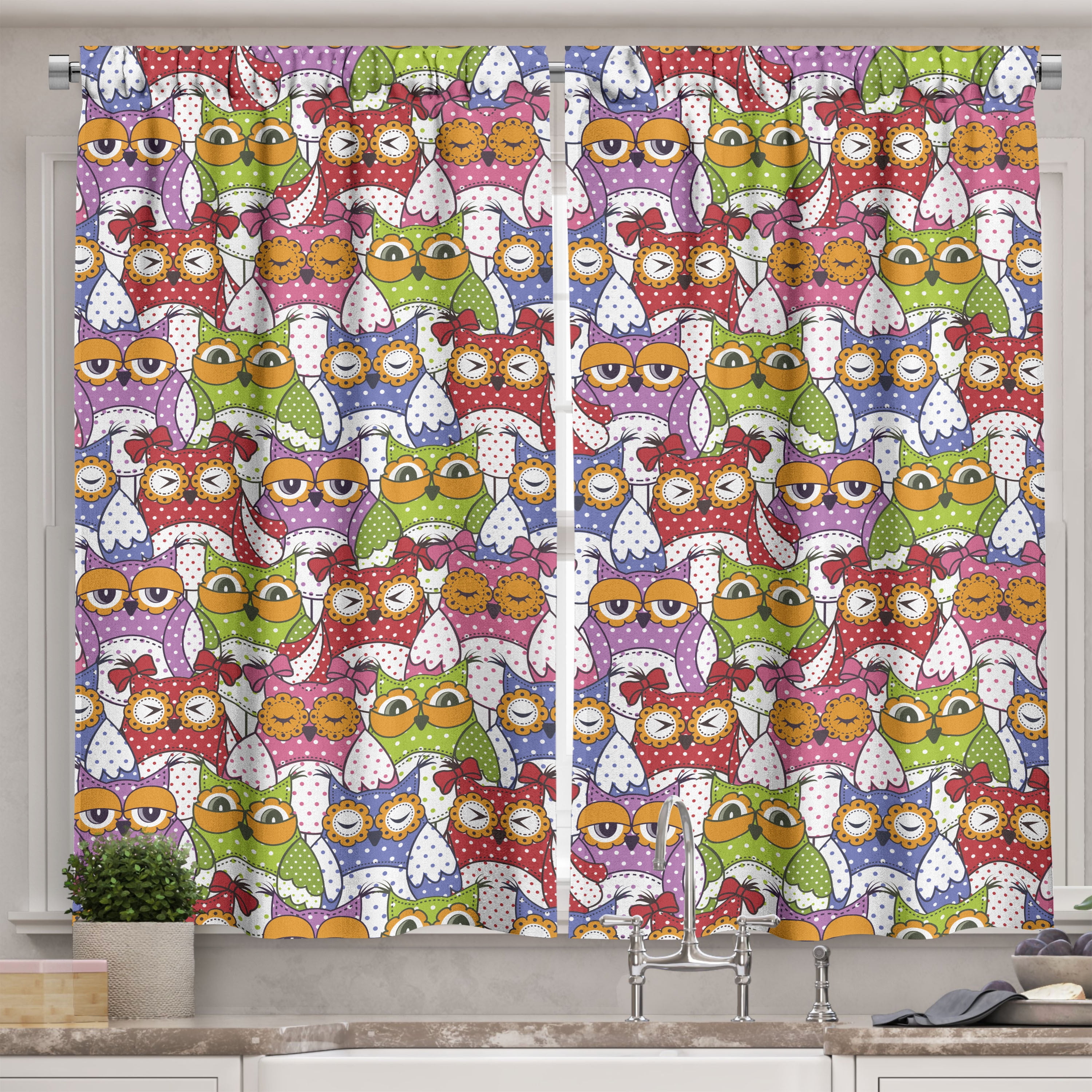 Ambesonne Colorful Kitchen Curtains, Ornate Owl Polka Dots, 55"x39 ...