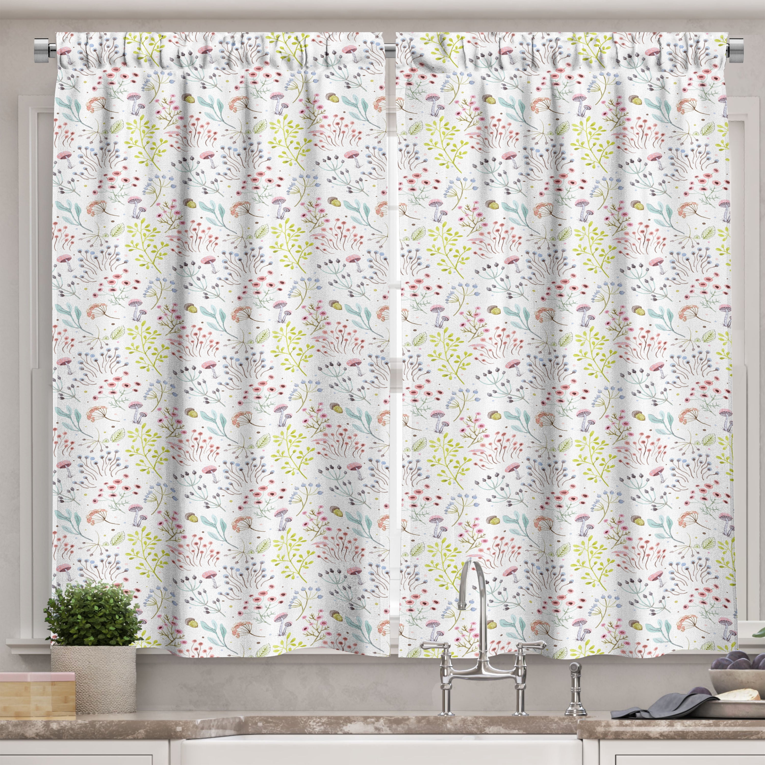 Ambesonne Colorful Kitchen Curtains, Pastel Toned Mushrooms, 55"x39 ...