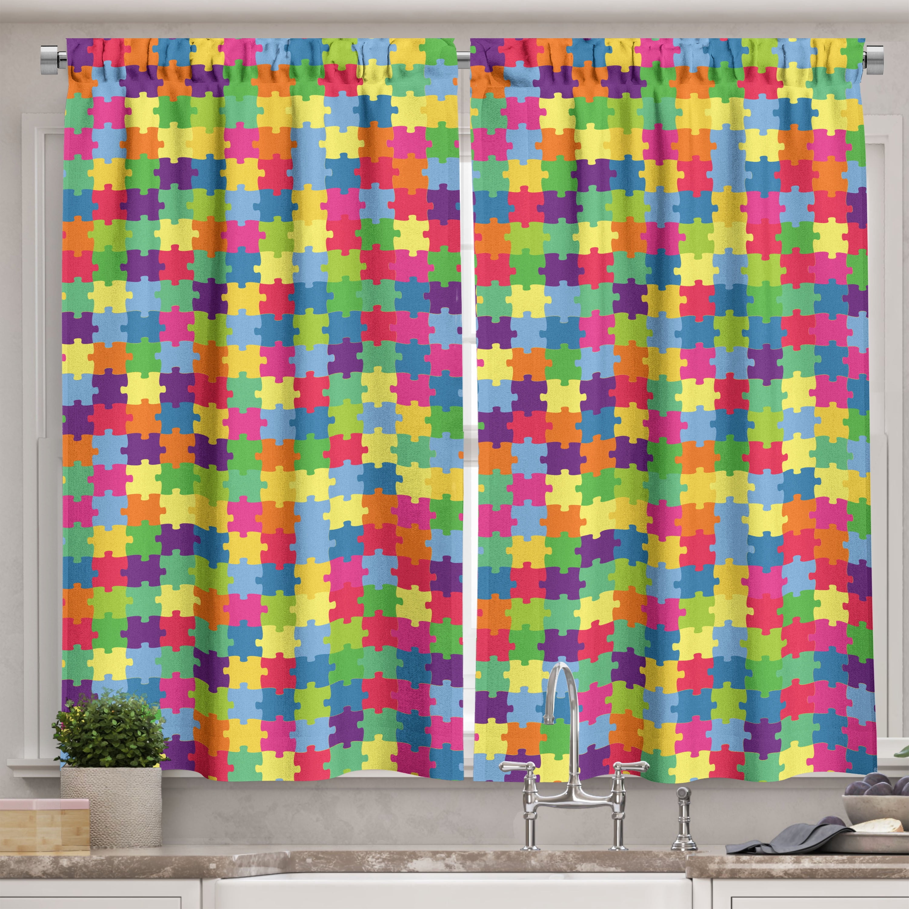 Ambesonne Colorful Kitchen Curtains, Patchwork Game Piece, 55"x39 ...
