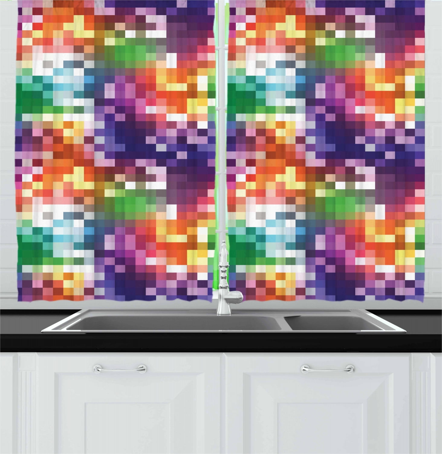 Ambesonne Colorful Kitchen Curtains, Rainbow Colored Square, 55"x39 ...