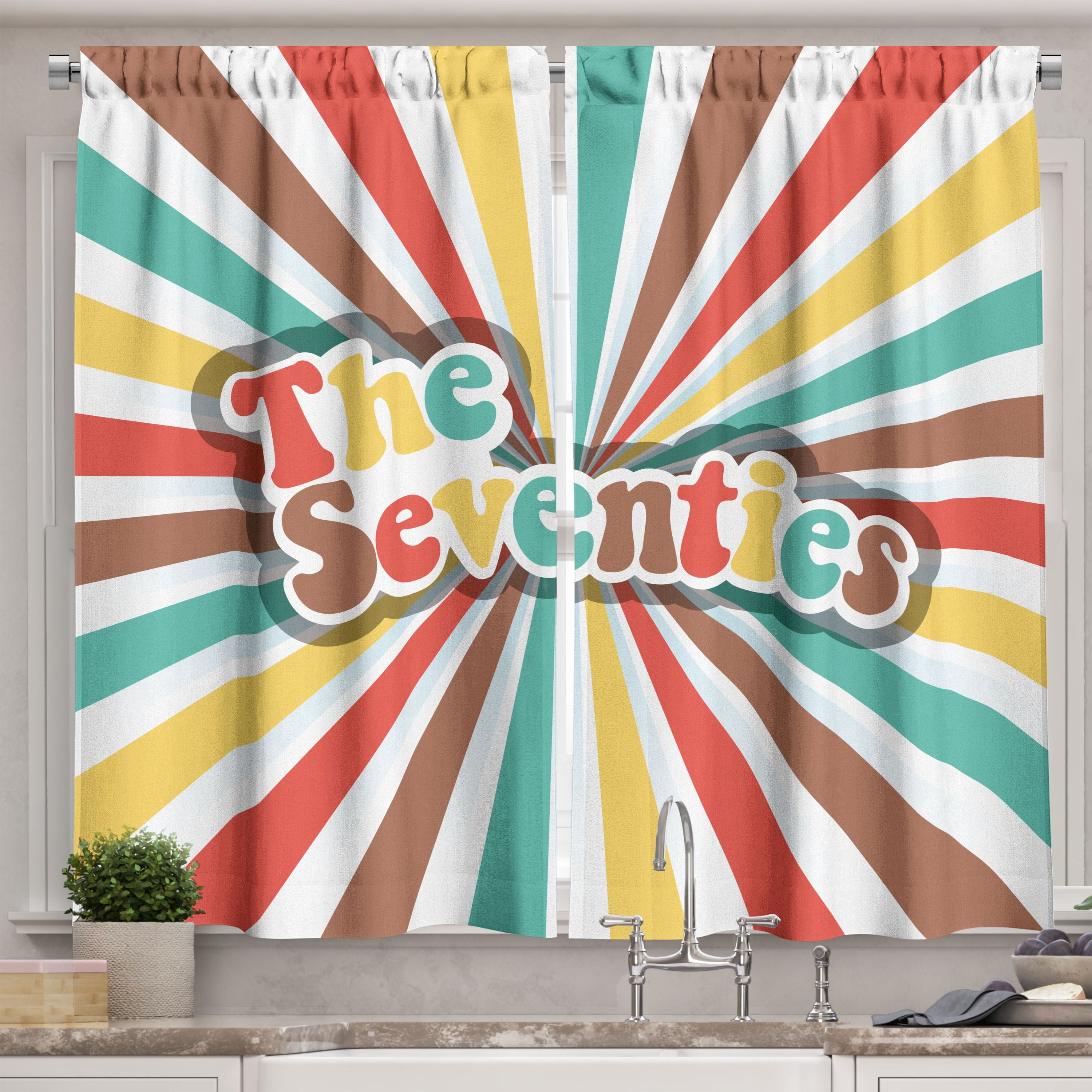 Ambesonne Colorful Kitchen Curtains, Seventies Retro, 55"x39 ...