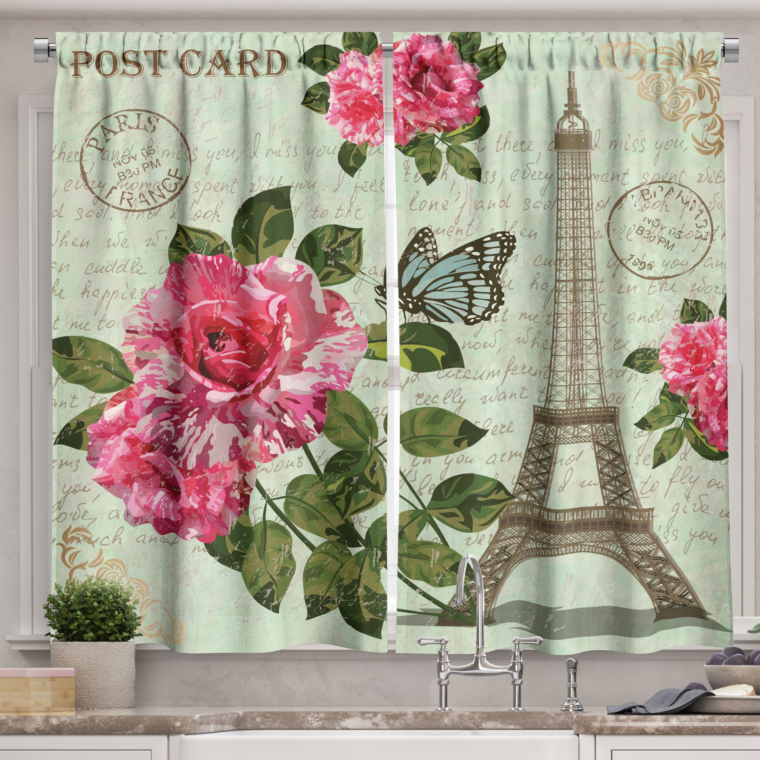 Ambesonne Colorful Kitchen Curtains, Shabby Plant Roses Leaf, 55"x39 ...