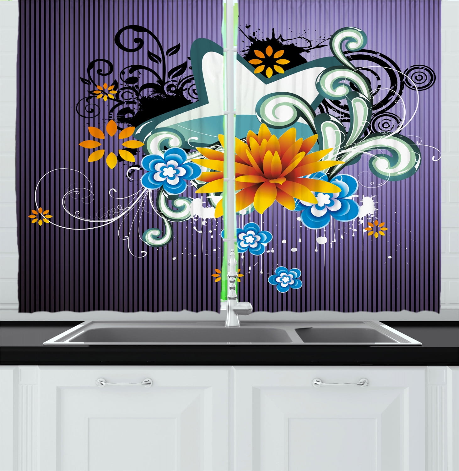 Ambesonne Colorful Kitchen Curtains, Stars Flowers Swirls, 55"x39 ...