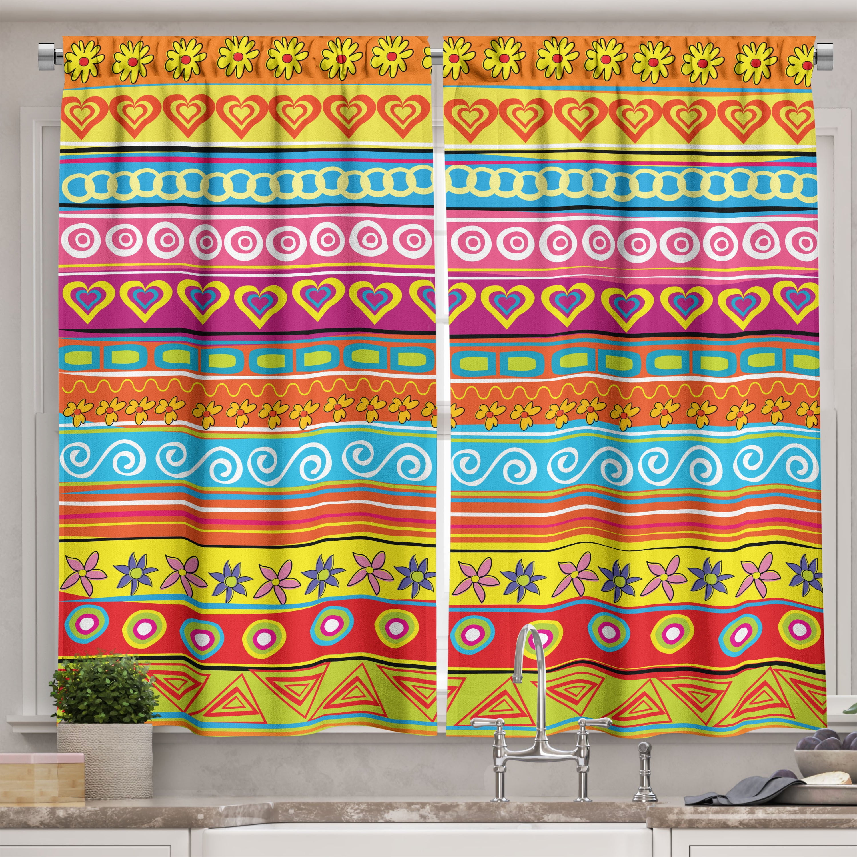 Ambesonne Colorful Kitchen Curtains, Stripes with Hearts, 55"x24 ...