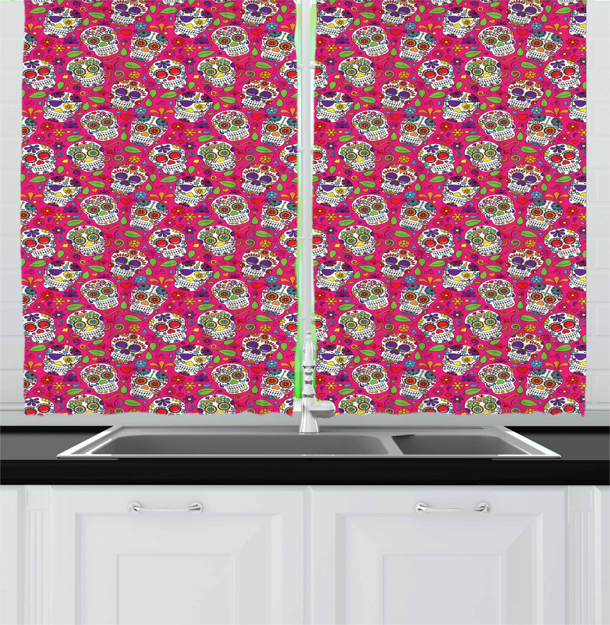 Ambesonne Colorful Kitchen Curtains, Sugar Skull Flowers, 55"x45", Hot ...