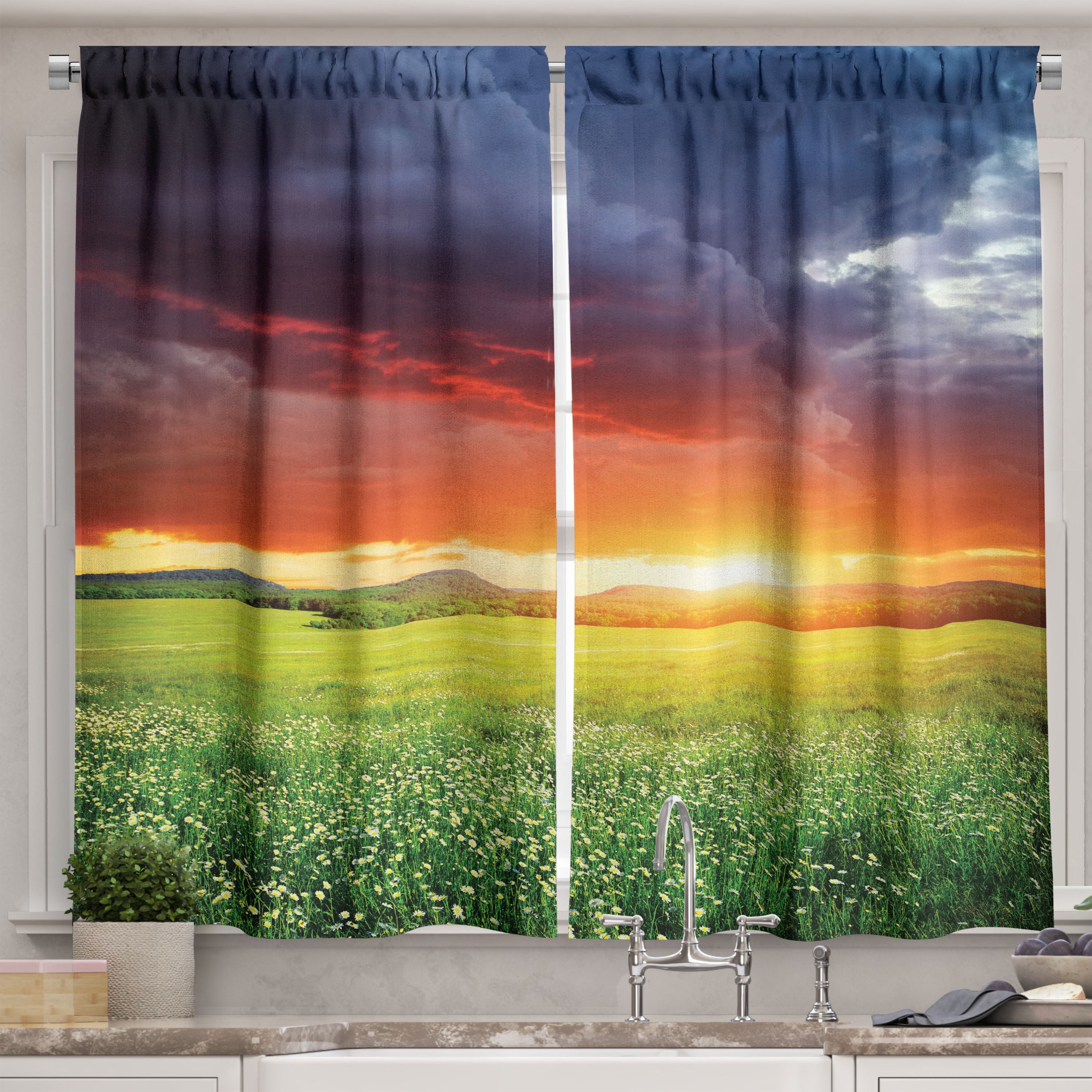 Ambesonne Colorful Kitchen Curtains, Sunset Modern View, 55"x24 ...