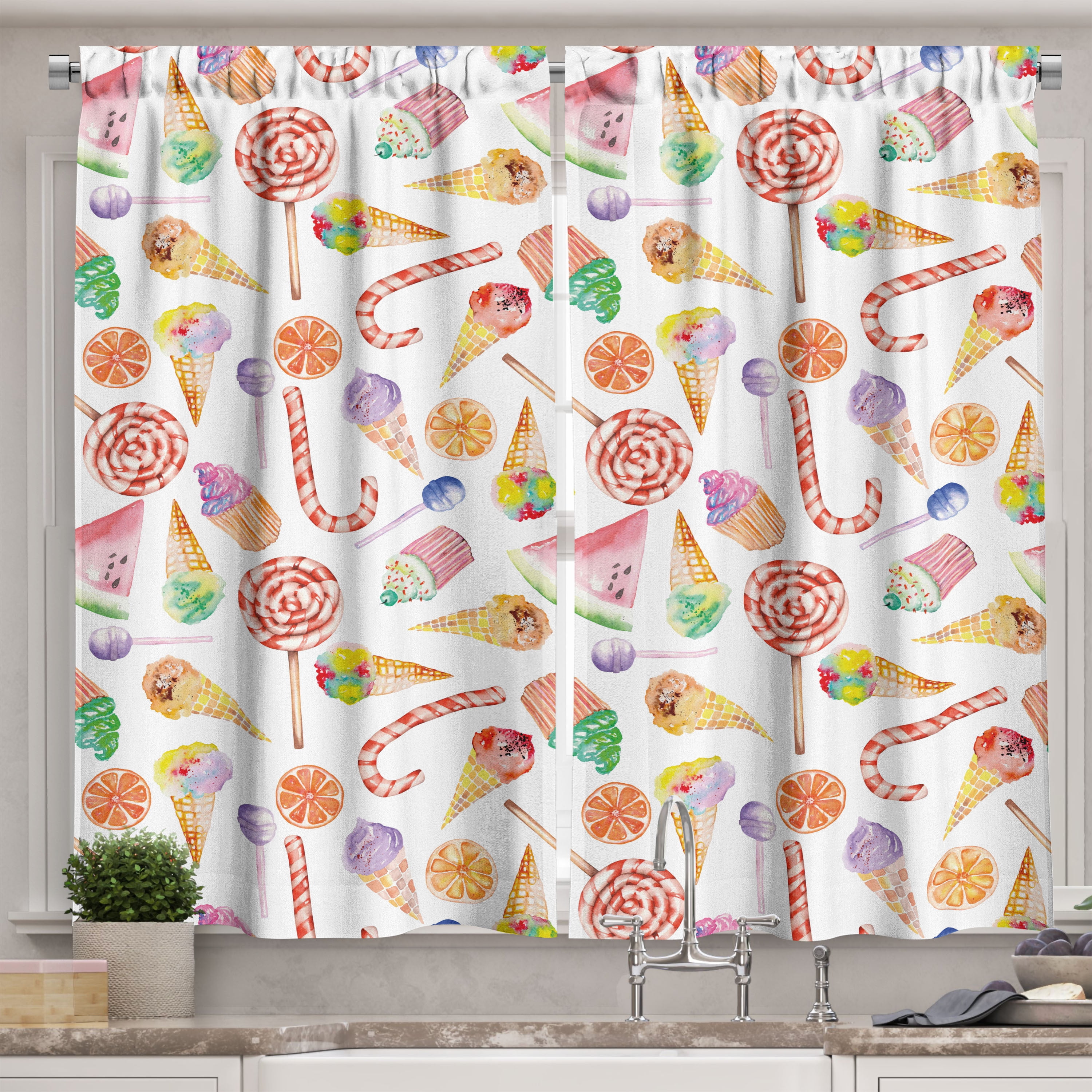 Ambesonne Colorful Kitchen Curtains, Yummy Candies Cakes, 55"x39 ...