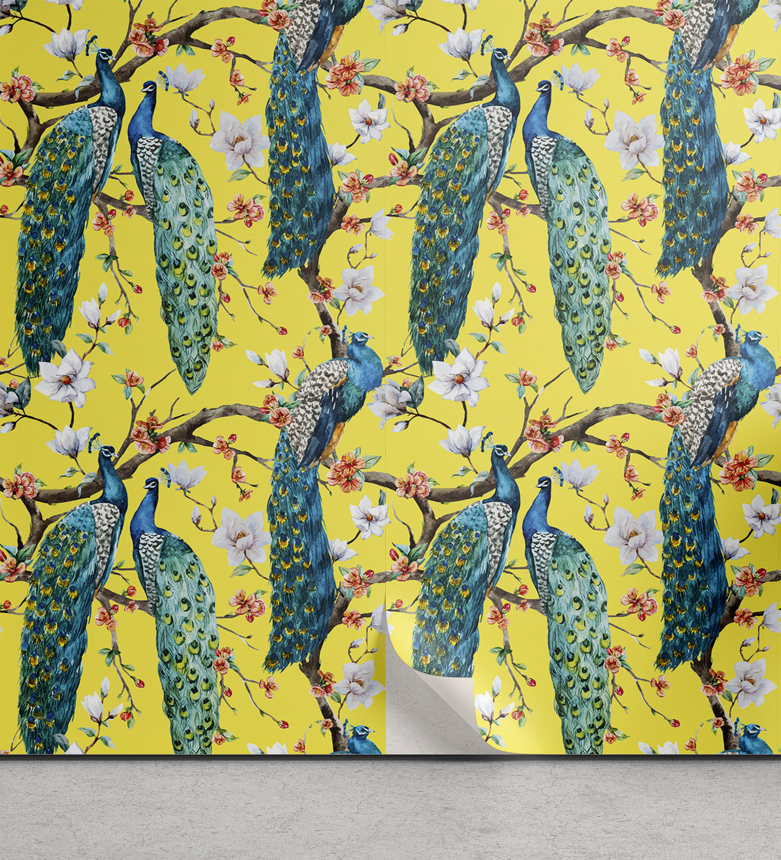 Ambesonne Colorful Peel & Stick Wallpaper for Home, Watercolor Peacocks Image, 13"x36", Pastel ...