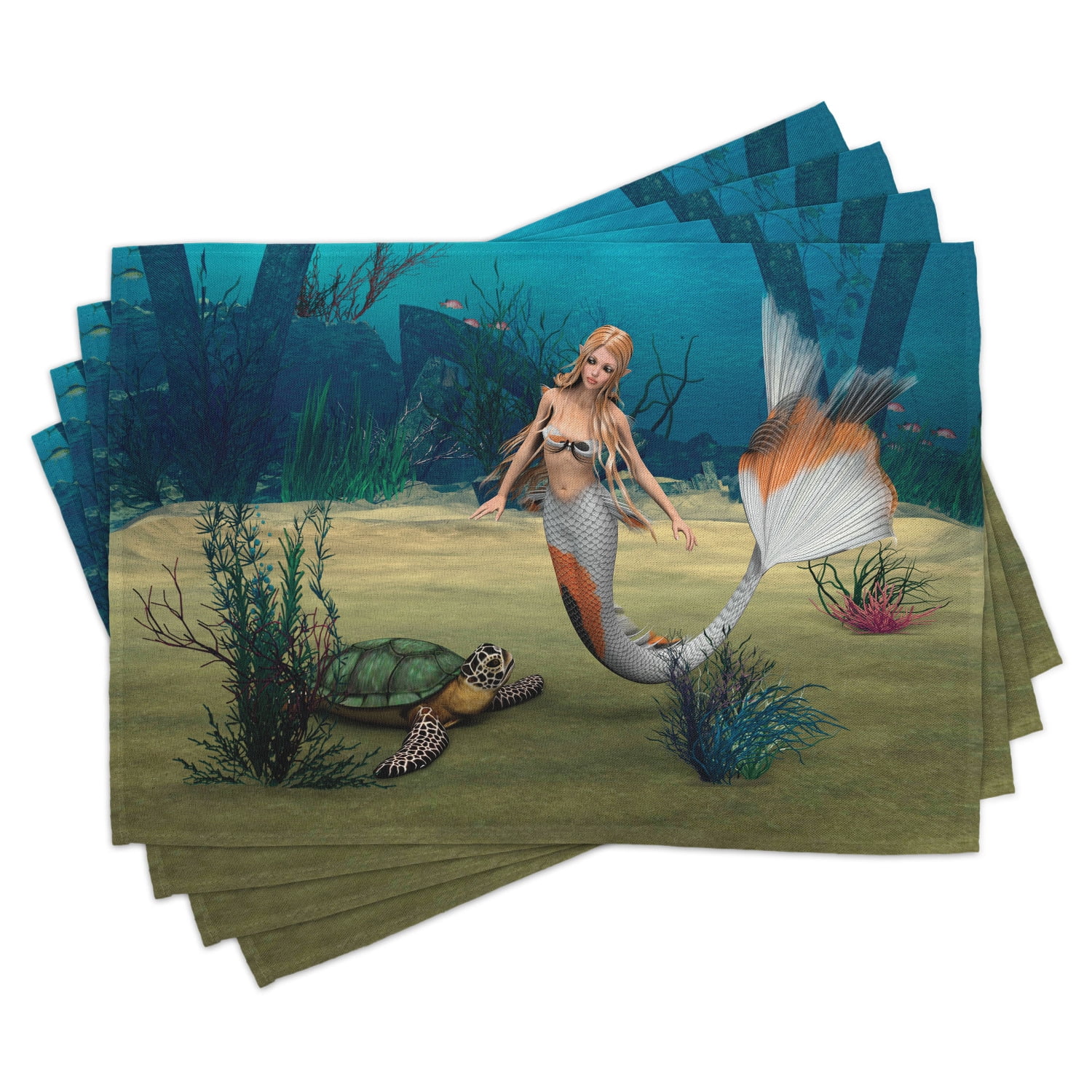 Ambesonne Colorful Place Mats Set of 4, Mermaid Turtle Ocean, Standard ...