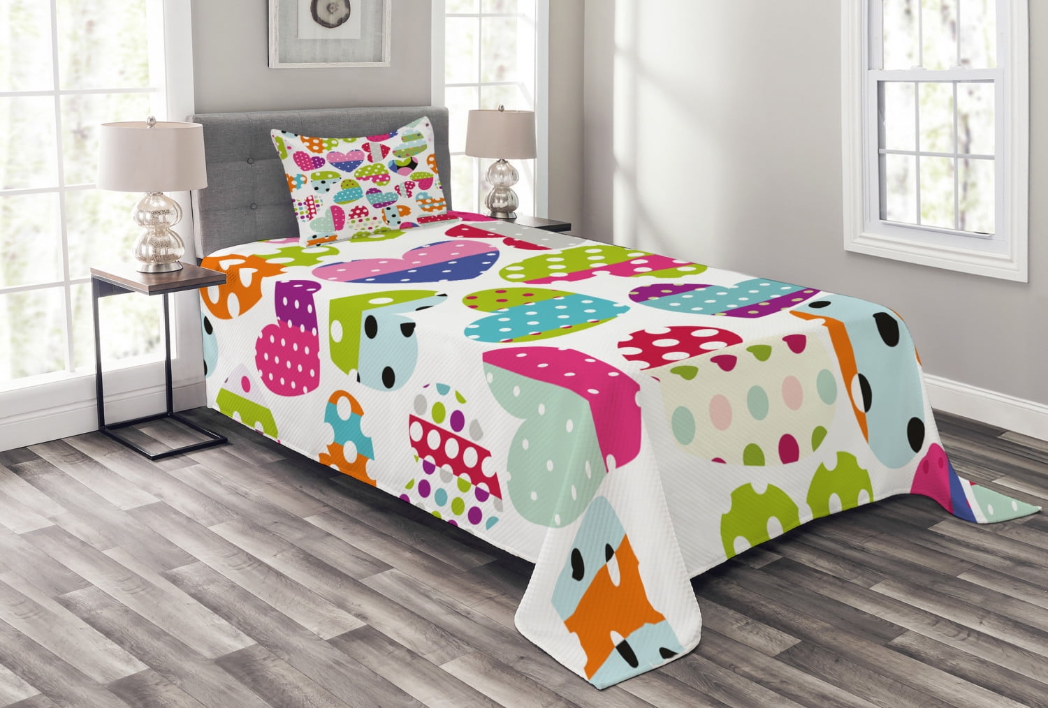 Ambesonne Colorful Quilted Bedspread Set 2 Pcs, Heart Patches and Dots ...