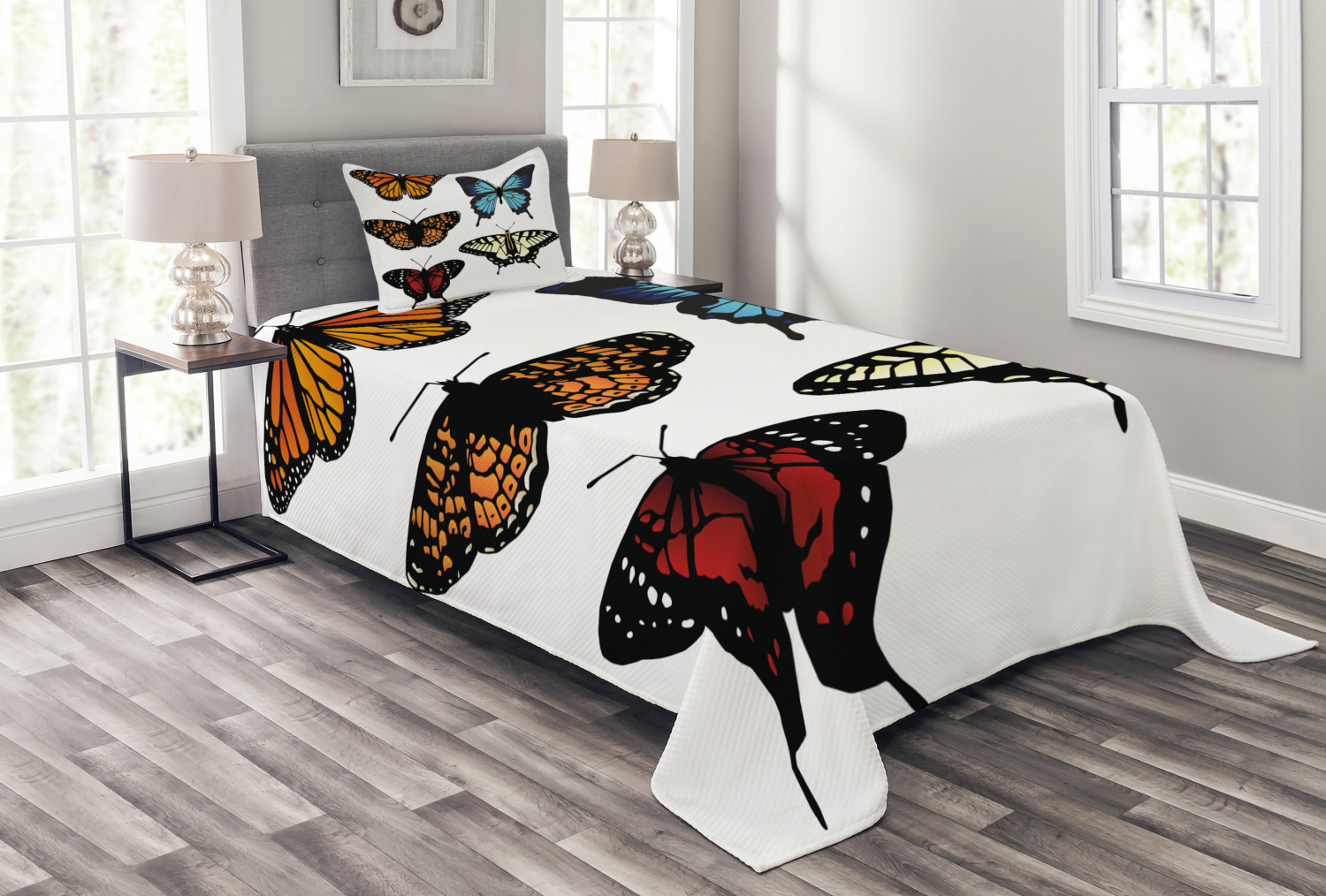Ambesonne Colorful Quilted Bedspread Set 2 Pcs, Monarch Wings Abstract ...
