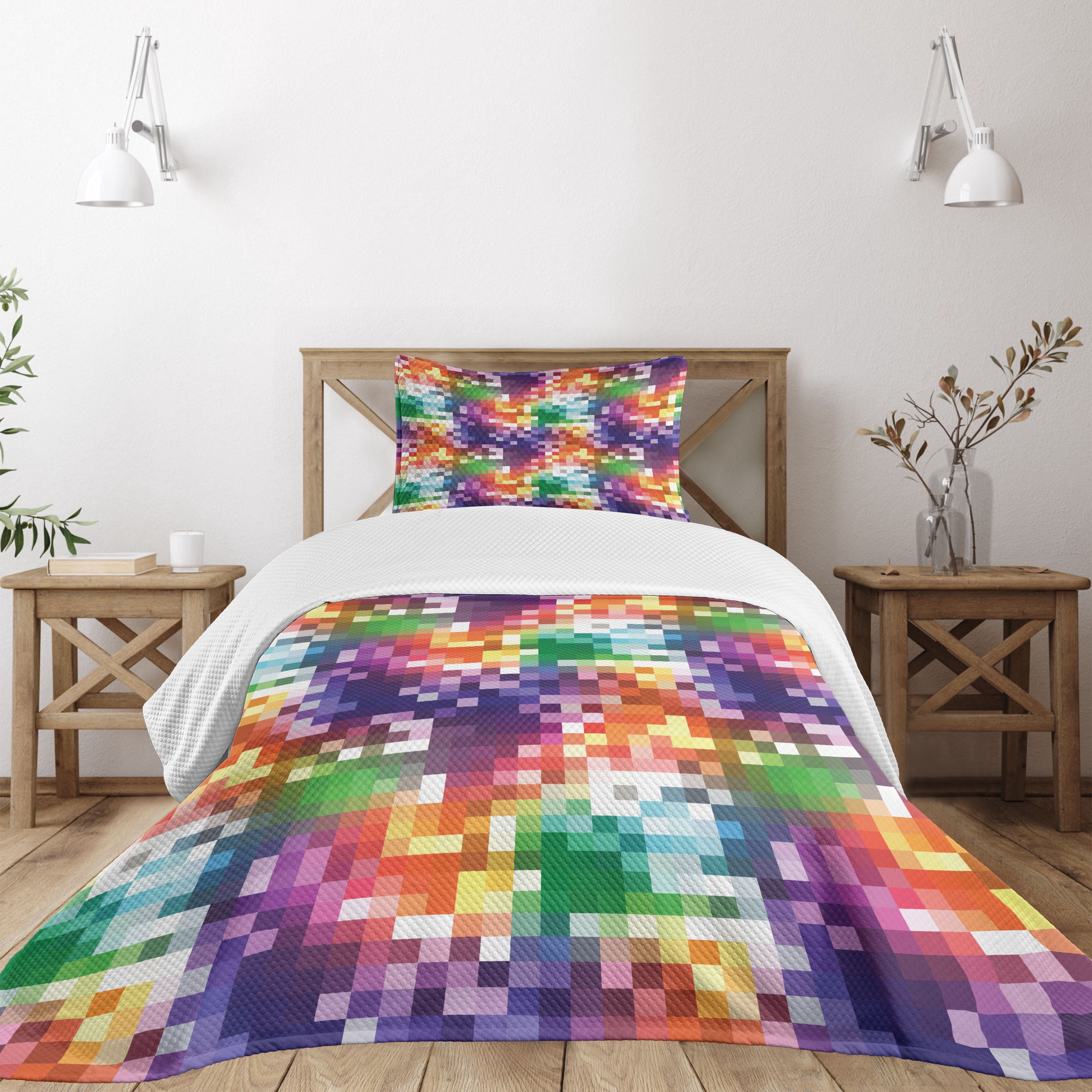 Ambesonne Colorful Quilted Bedspread Set 2 Pcs, Rainbow Colored Square ...