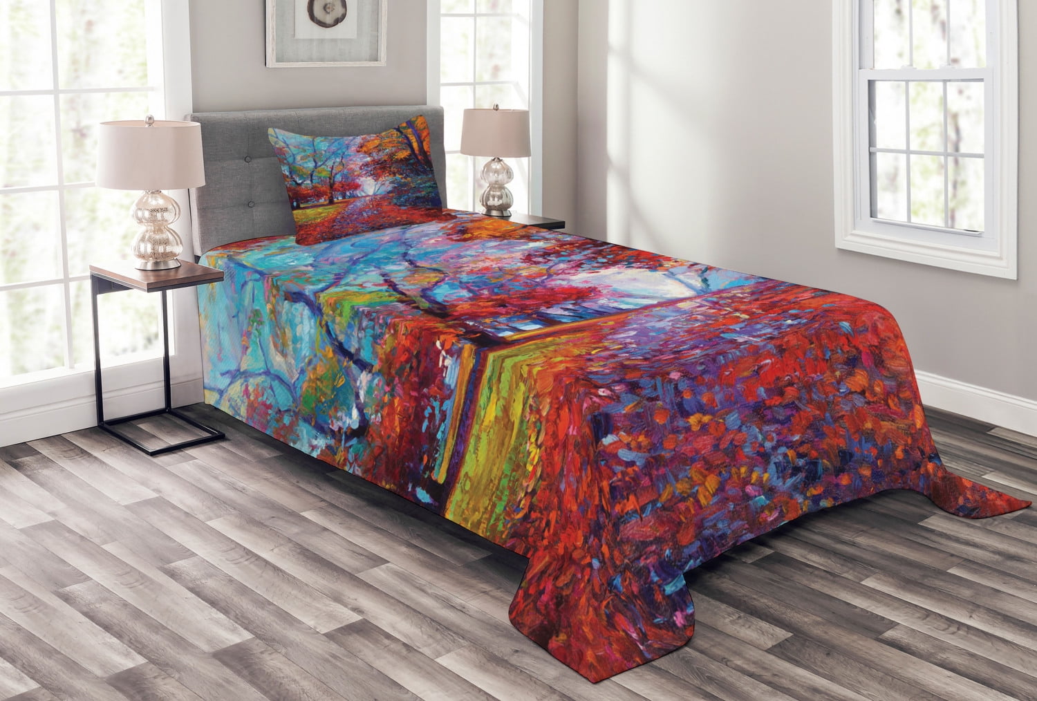 Ambesonne Colorful Quilted Bedspread Set 2 Pcs, Trees Park Fall Autumn ...