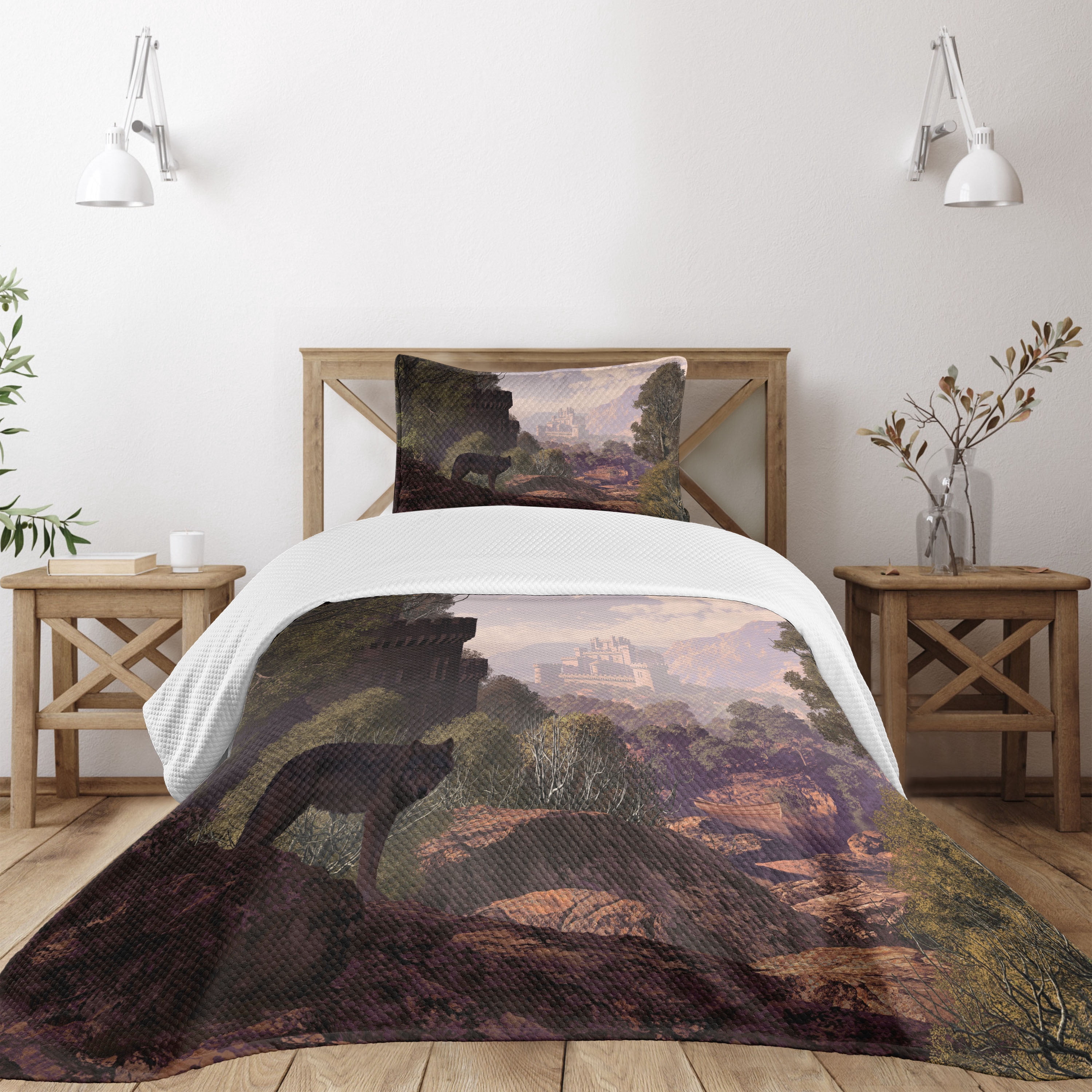 Ambesonne Colorful Quilted Bedspread Set 2 Pcs, Wolf in Woods Scenery ...