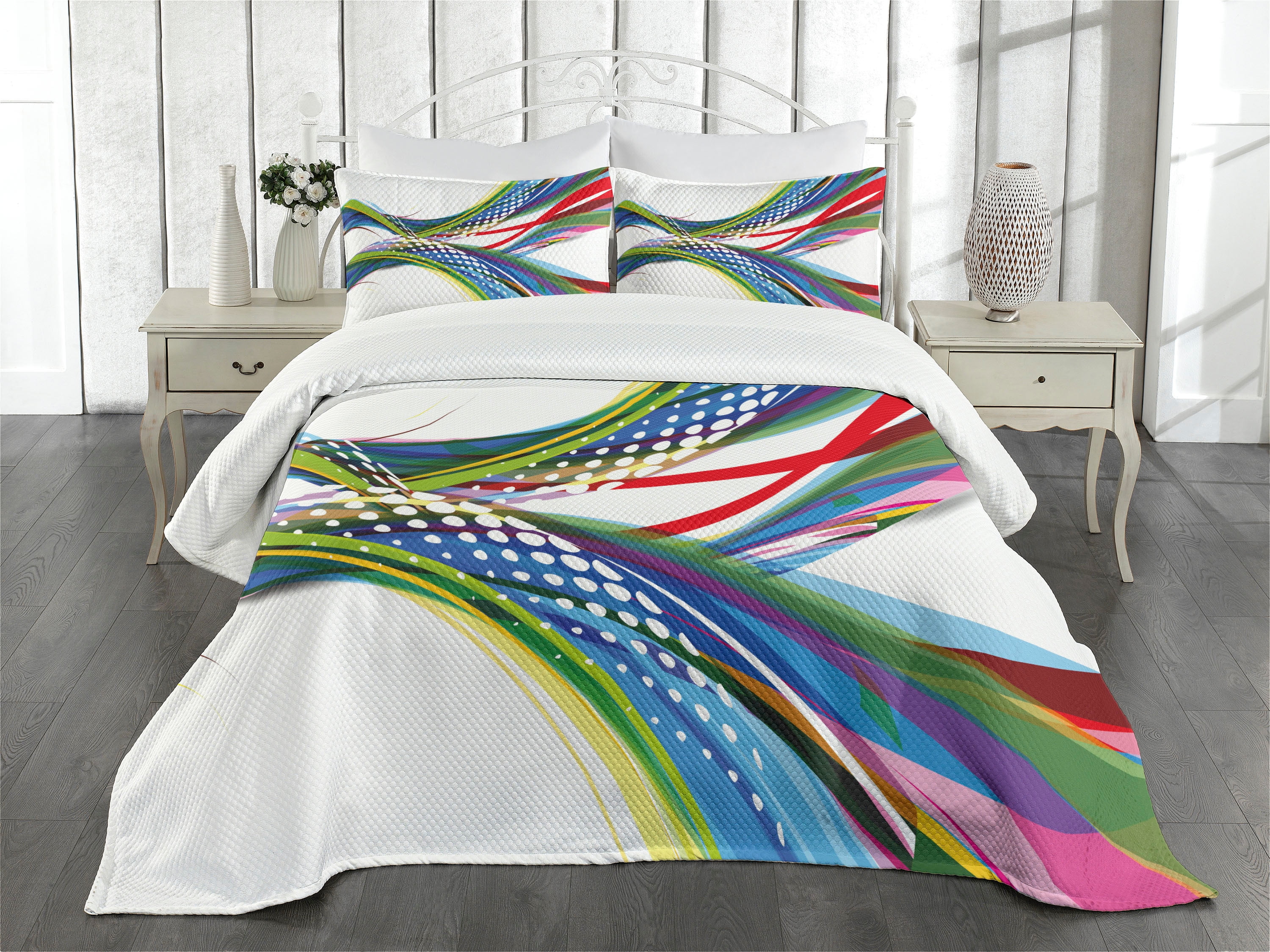 Ambesonne Colorful Quilted Bedspread Set 3 Pcs, Abstract Wave Ombre ...