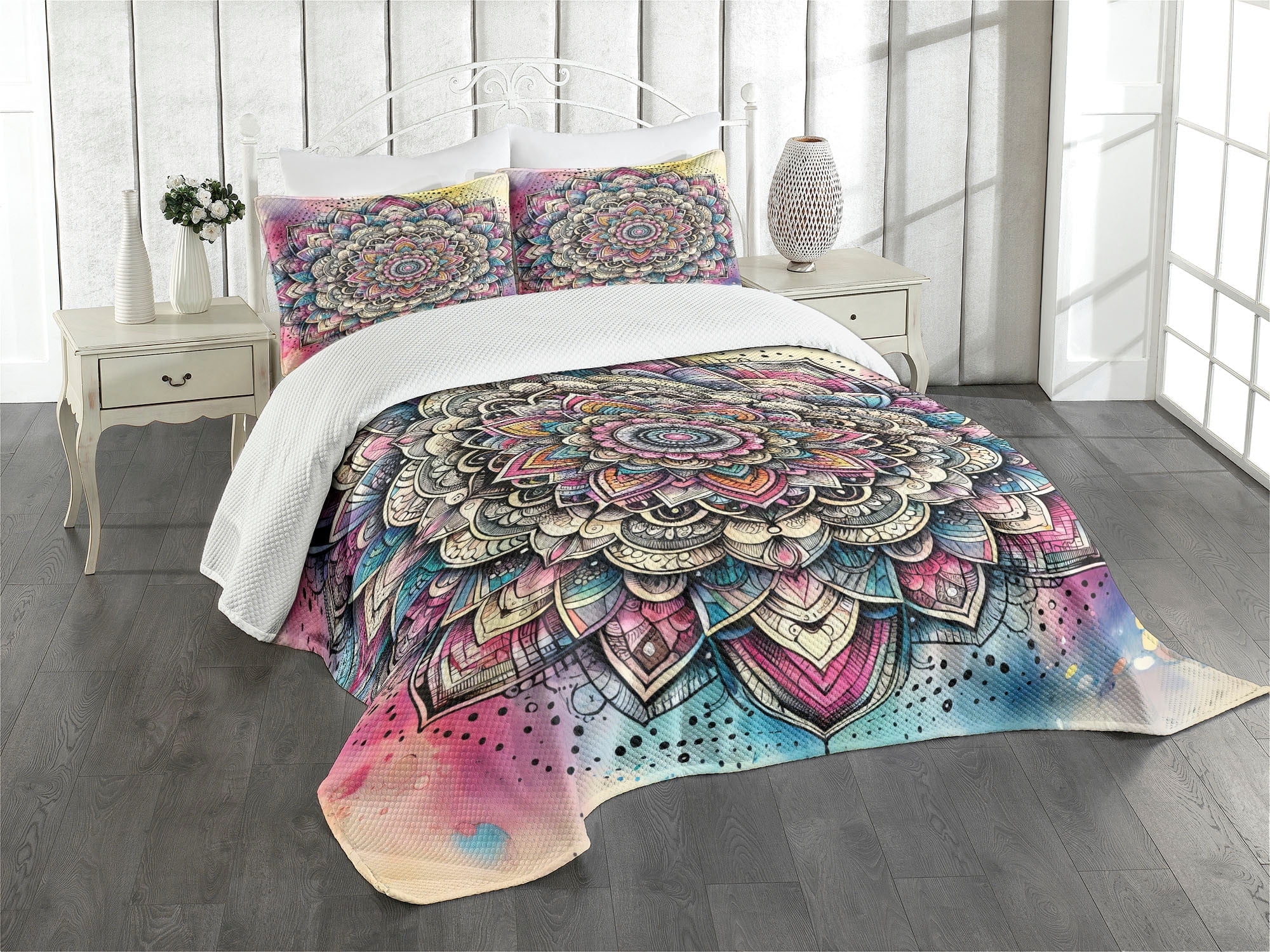 Ambesonne Colorful Quilted Bedspread Set 3 Pcs, Art Oriental Dream ...