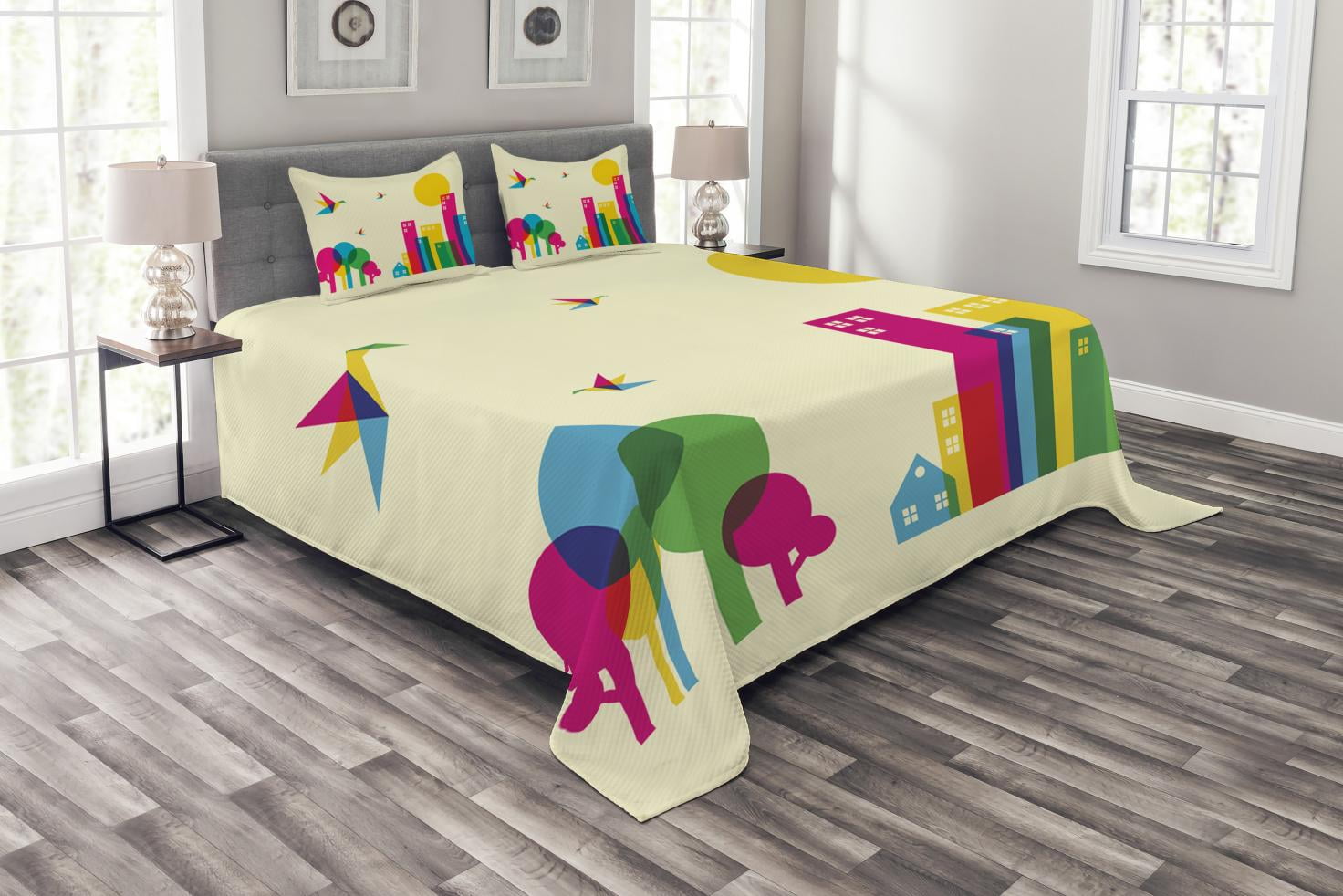 Ambesonne Colorful Quilted Bedspread Set 3 Pcs, Cityscape, King Size ...