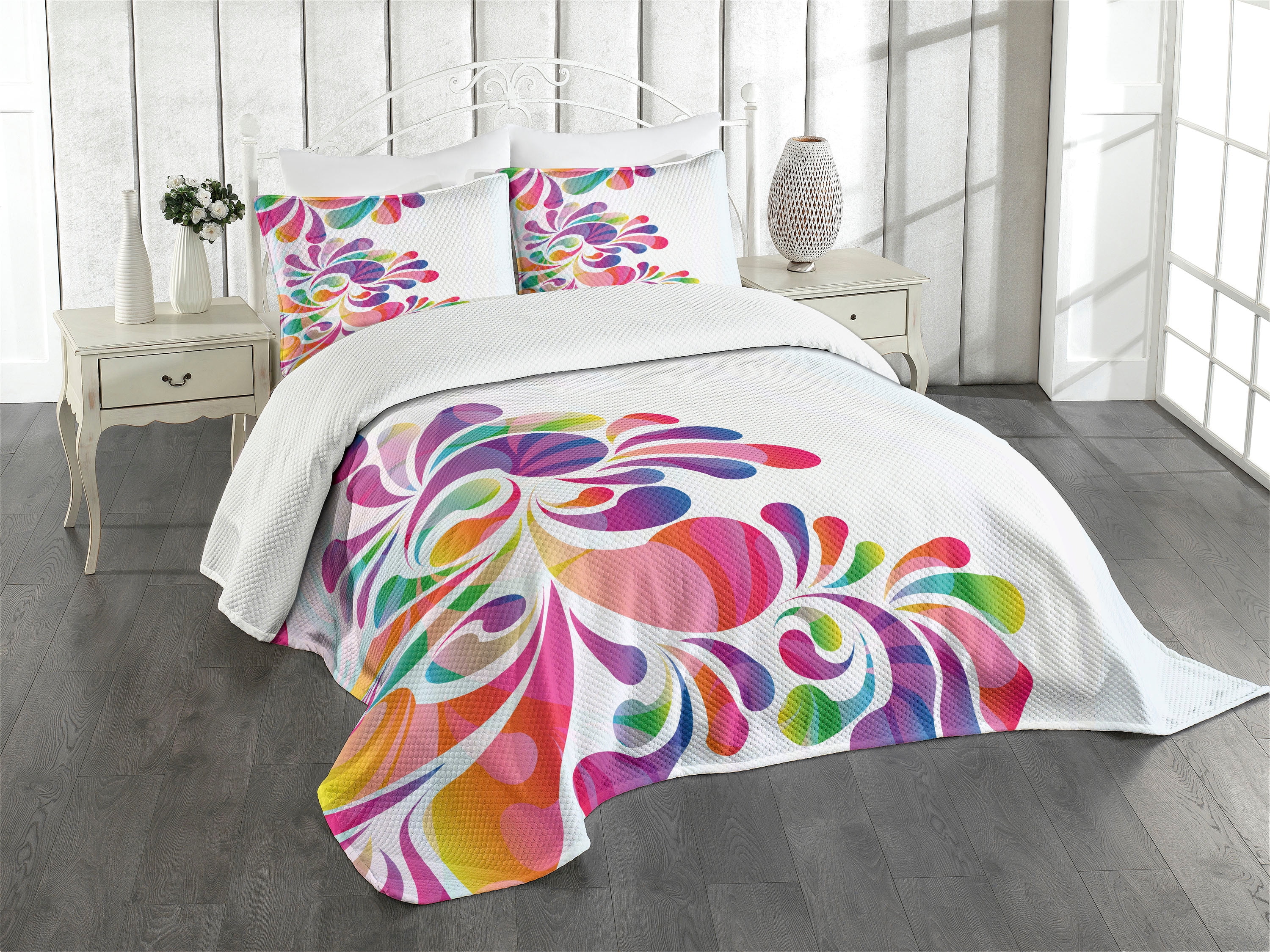 Ambesonne Colorful Quilted Bedspread Set 3 Pcs, Curvy Floral Design ...
