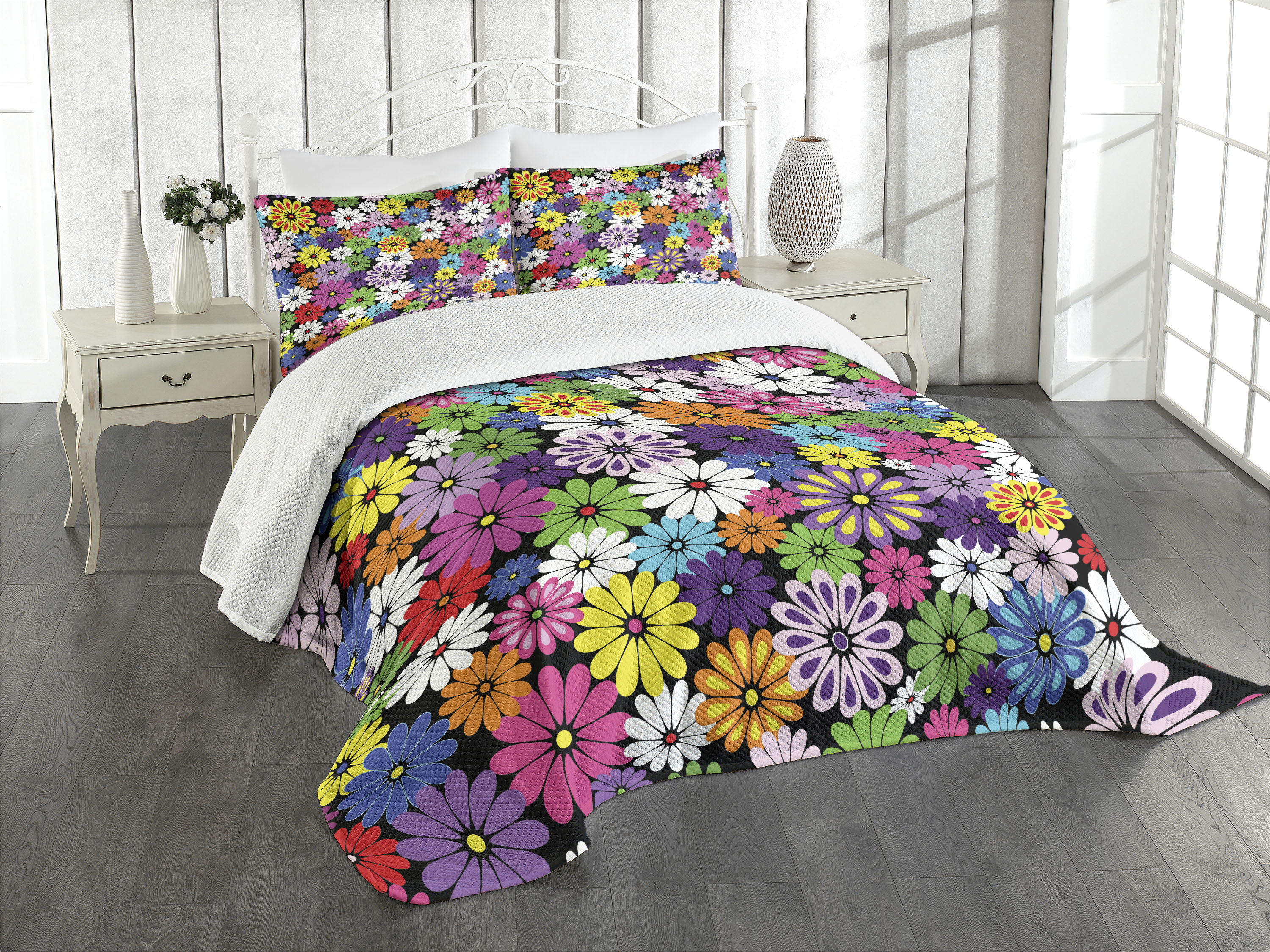 Ambesonne Colorful Quilted Bedspread Set 3 Pcs, Floral Vivid Daisies ...