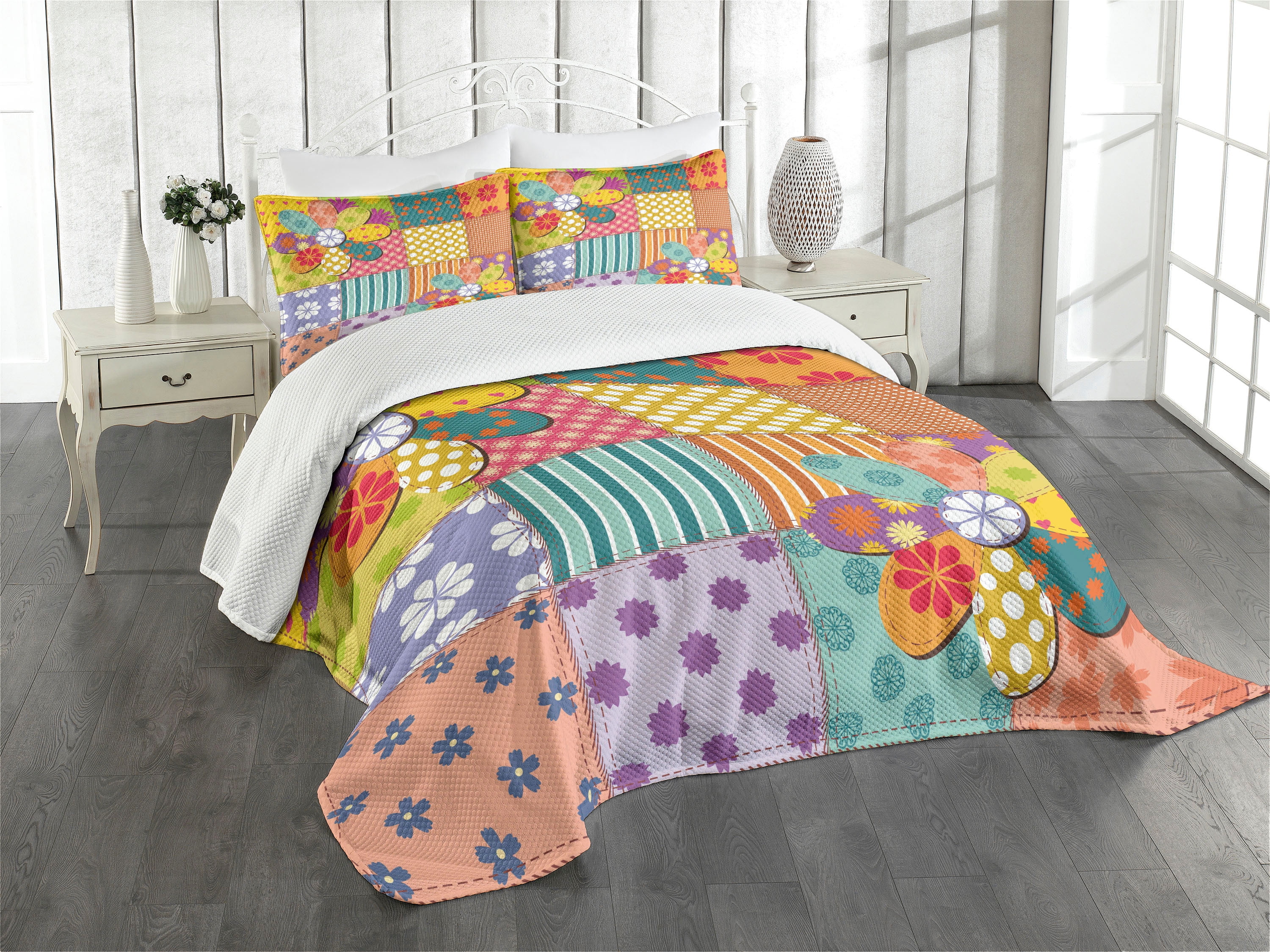 Ambesonne Colorful Quilted Bedspread Set 3 Pcs, Flower Polka Dots Mix ...