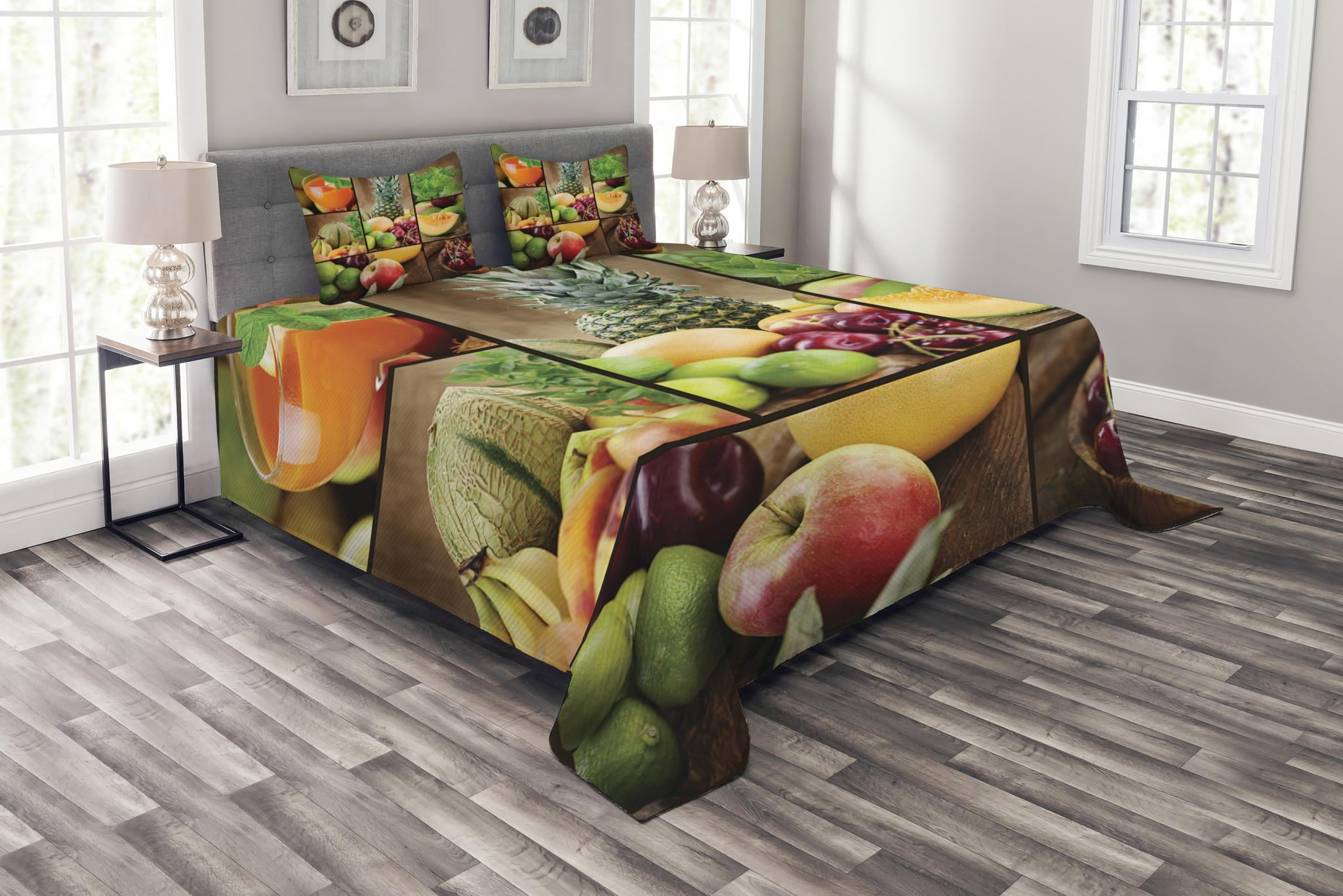 Ambesonne Colorful Quilted Bedspread Set 3 Pcs, Fruit Pineapple Cherry ...