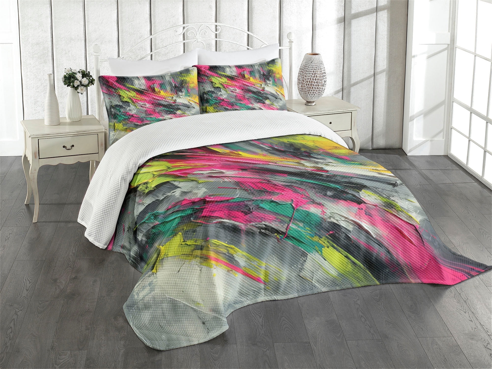 Ambesonne Colorful Quilted Bedspread Set 3 Pcs, Futurist Painting ...