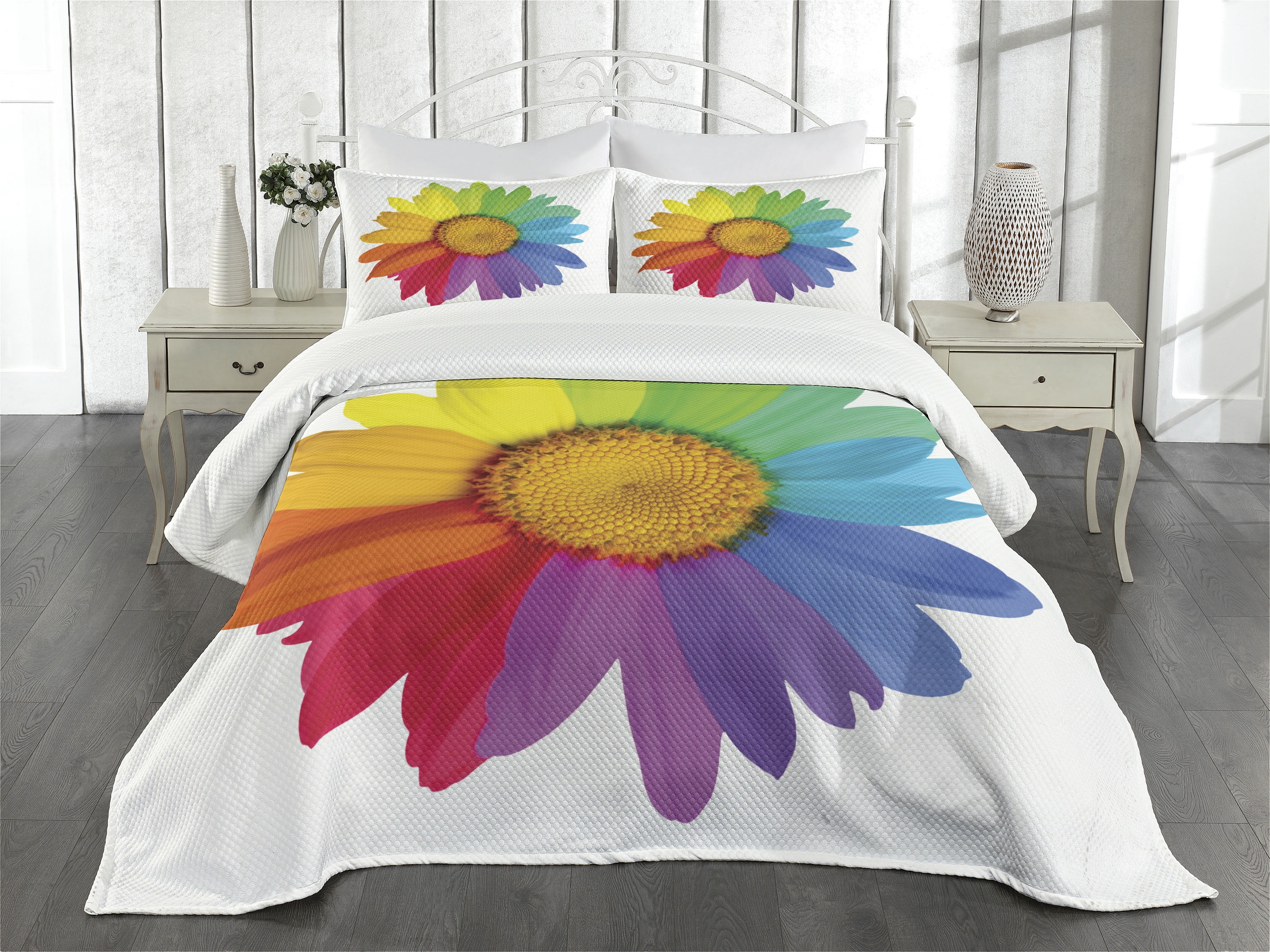 Ambesonne Colorful Quilted Bedspread Set 3 Pcs, Hippie Daisy Spring ...