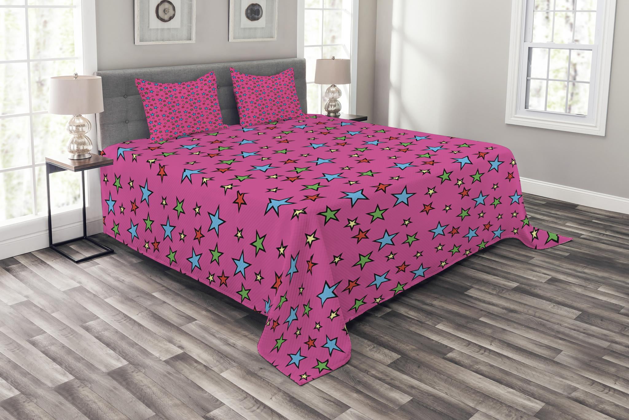 Ambesonne Colorful Quilted Bedspread Set 3 Pcs, Hot Pink Retro Stars ...
