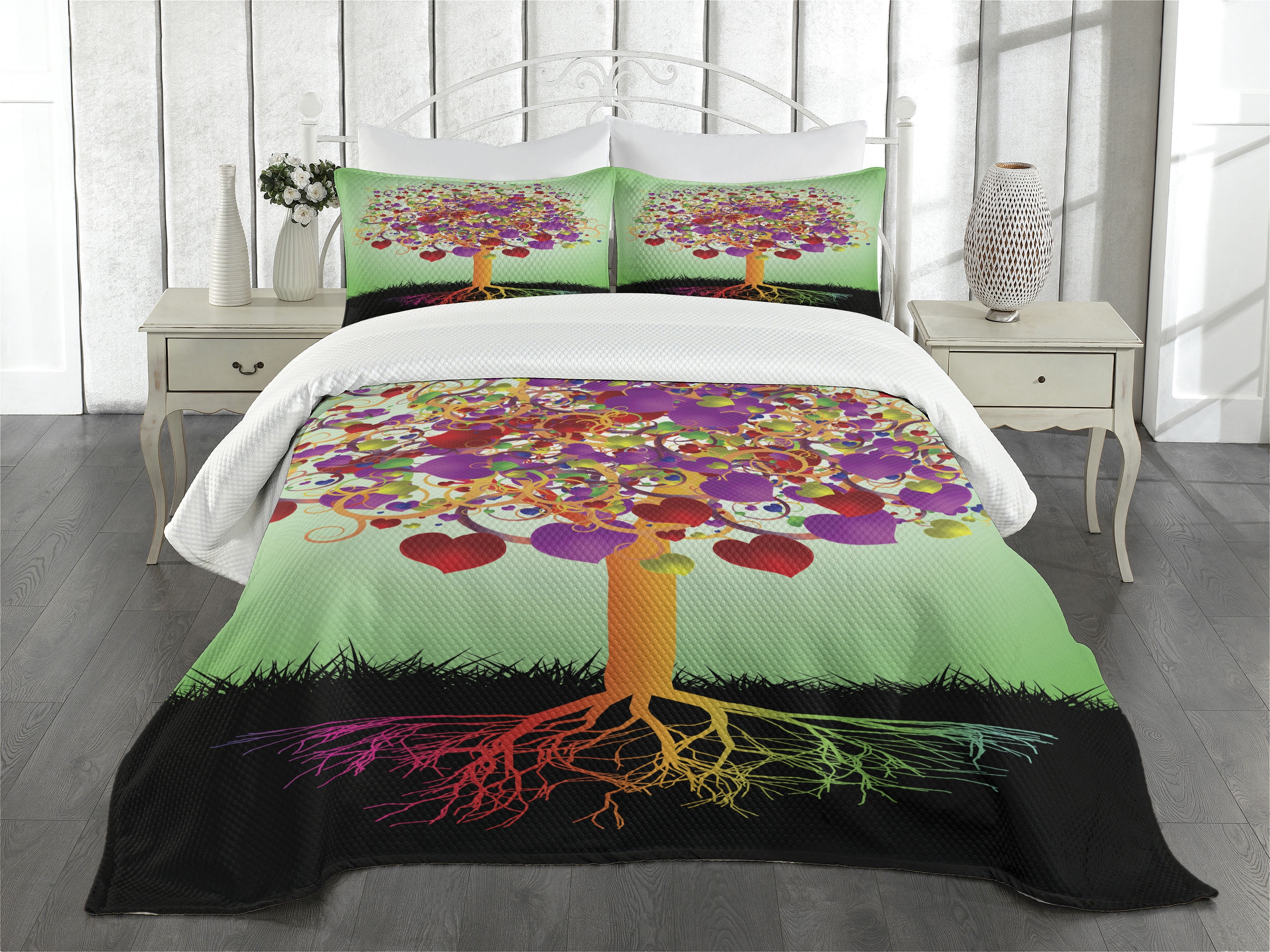 Ambesonne Colorful Quilted Bedspread Set 3 Pcs, Magic Love Tree Heart ...