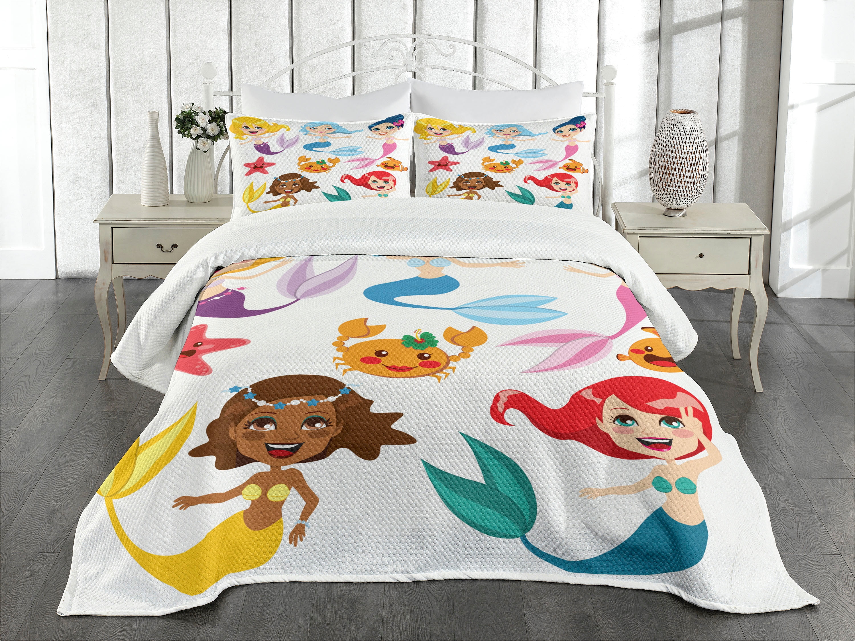 Ambesonne Colorful Quilted Bedspread Set 3 Pcs, Mermaids Sea Friends ...