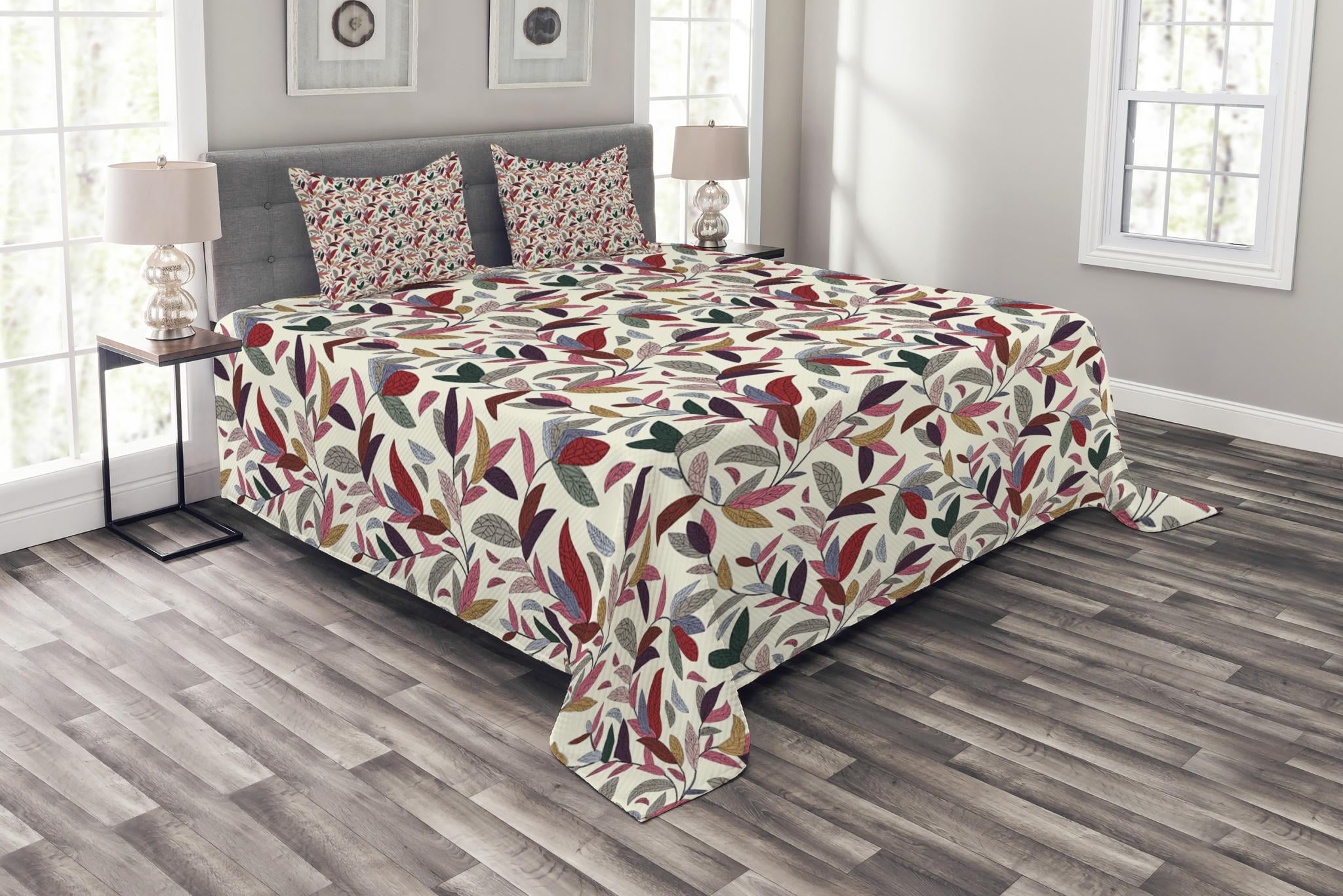 Ambesonne Colorful Quilted Bedspread Set 3 Pcs, Modern Swirls Leaves ...