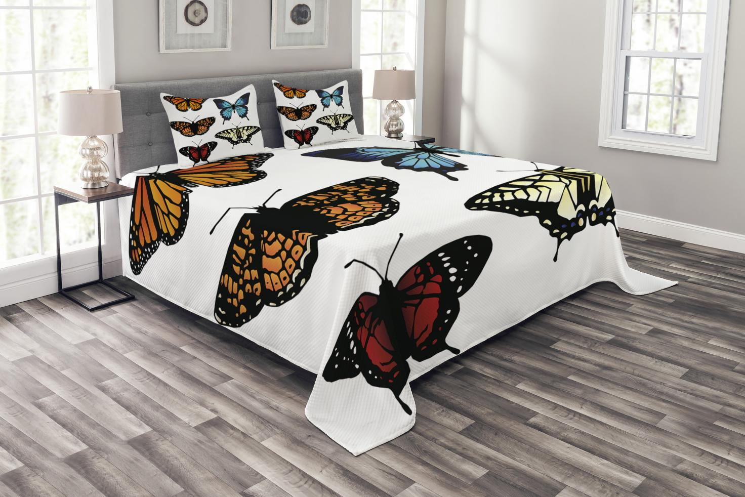 Ambesonne Colorful Quilted Bedspread Set 3 Pcs, Monarch Wings Abstract ...