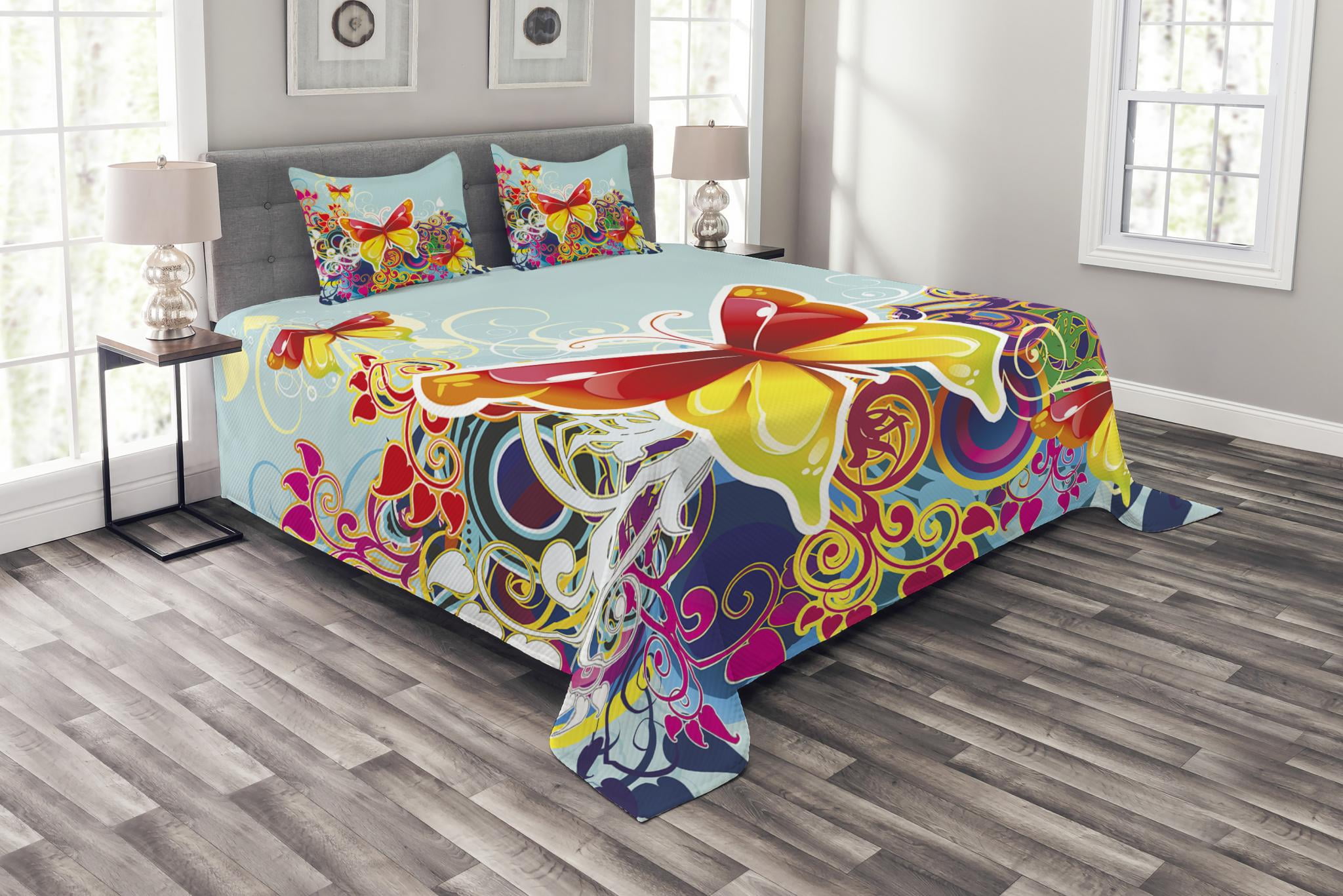 Ambesonne Colorful Quilted Bedspread Set 3 Pcs, Nature Leaves Butterfly ...