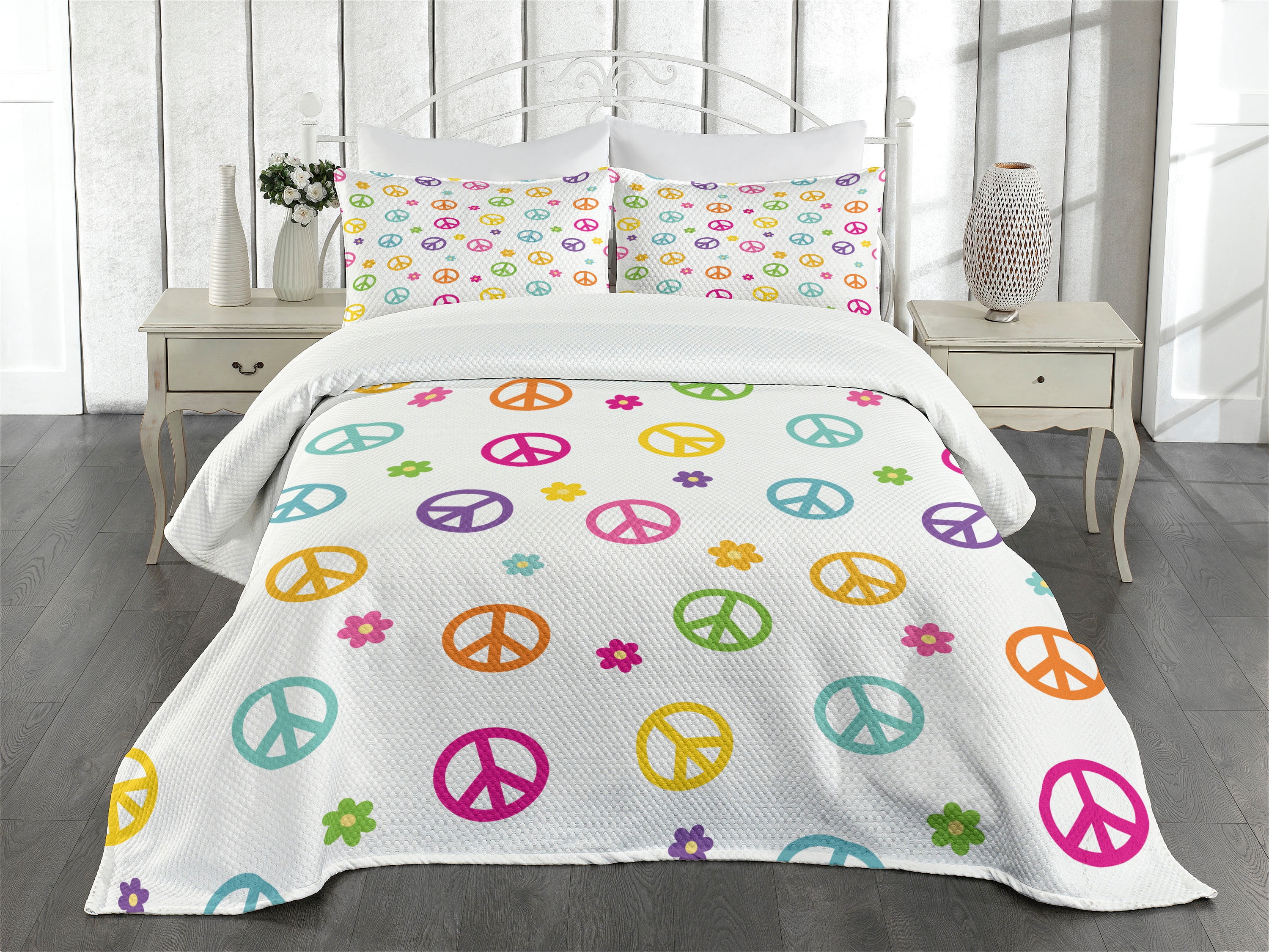 Ambesonne Colorful Quilted Bedspread Set 3 Pcs, Old Peace Sign, King ...