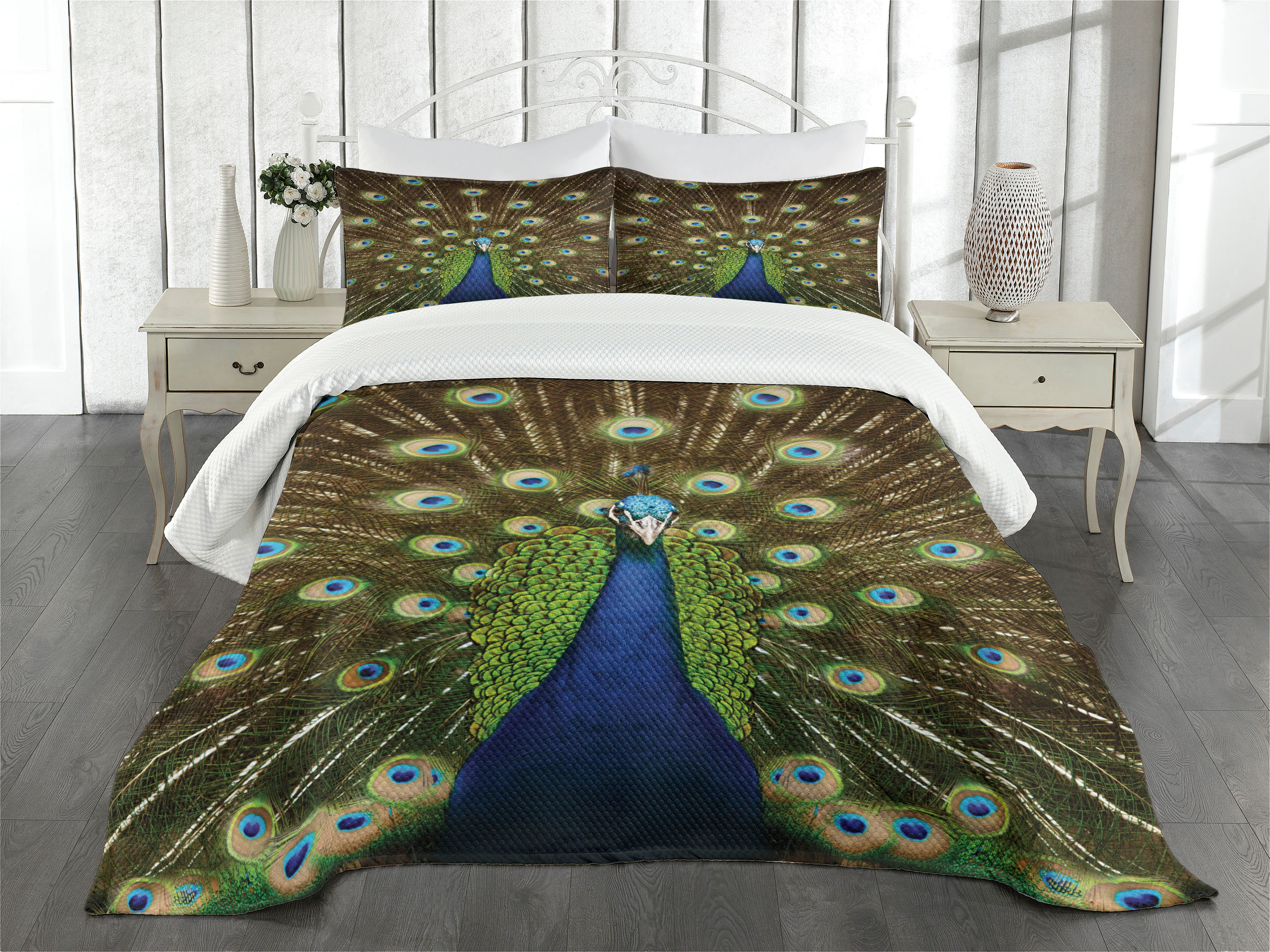 Ambesonne Colorful Quilted Bedspread Set 3 Pcs, Peacock with Feathers ...