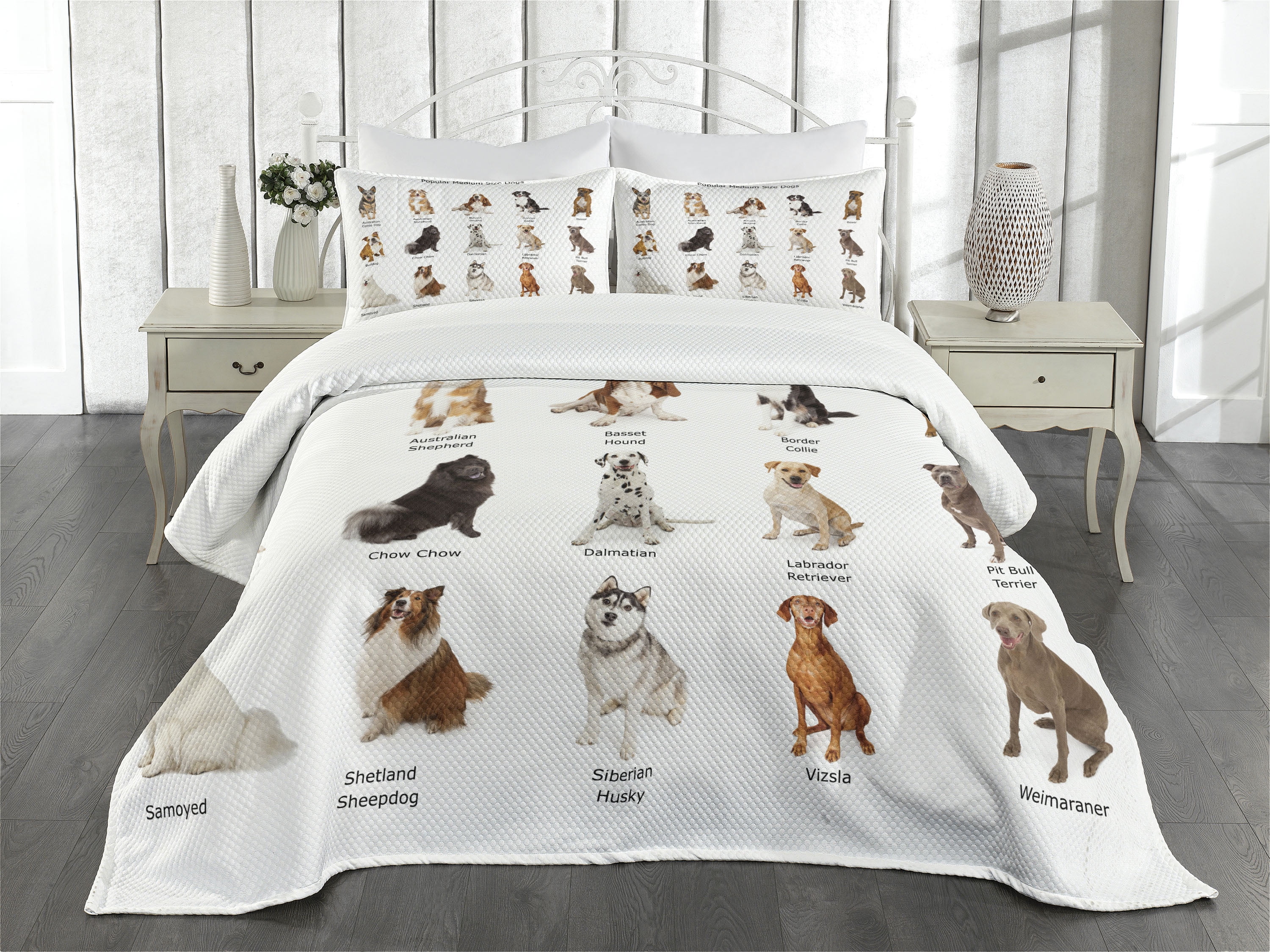 Ambesonne Colorful Quilted Bedspread Set 3 Pcs, Puppy Breeds Family ...