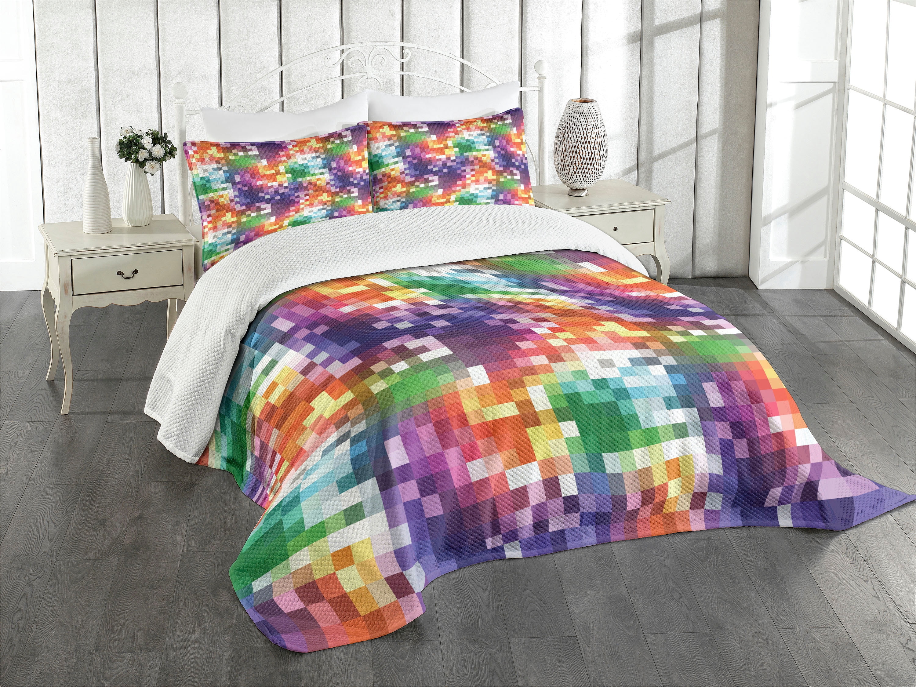 Ambesonne Colorful Quilted Bedspread Set 3 Pcs, Rainbow Colored Square ...