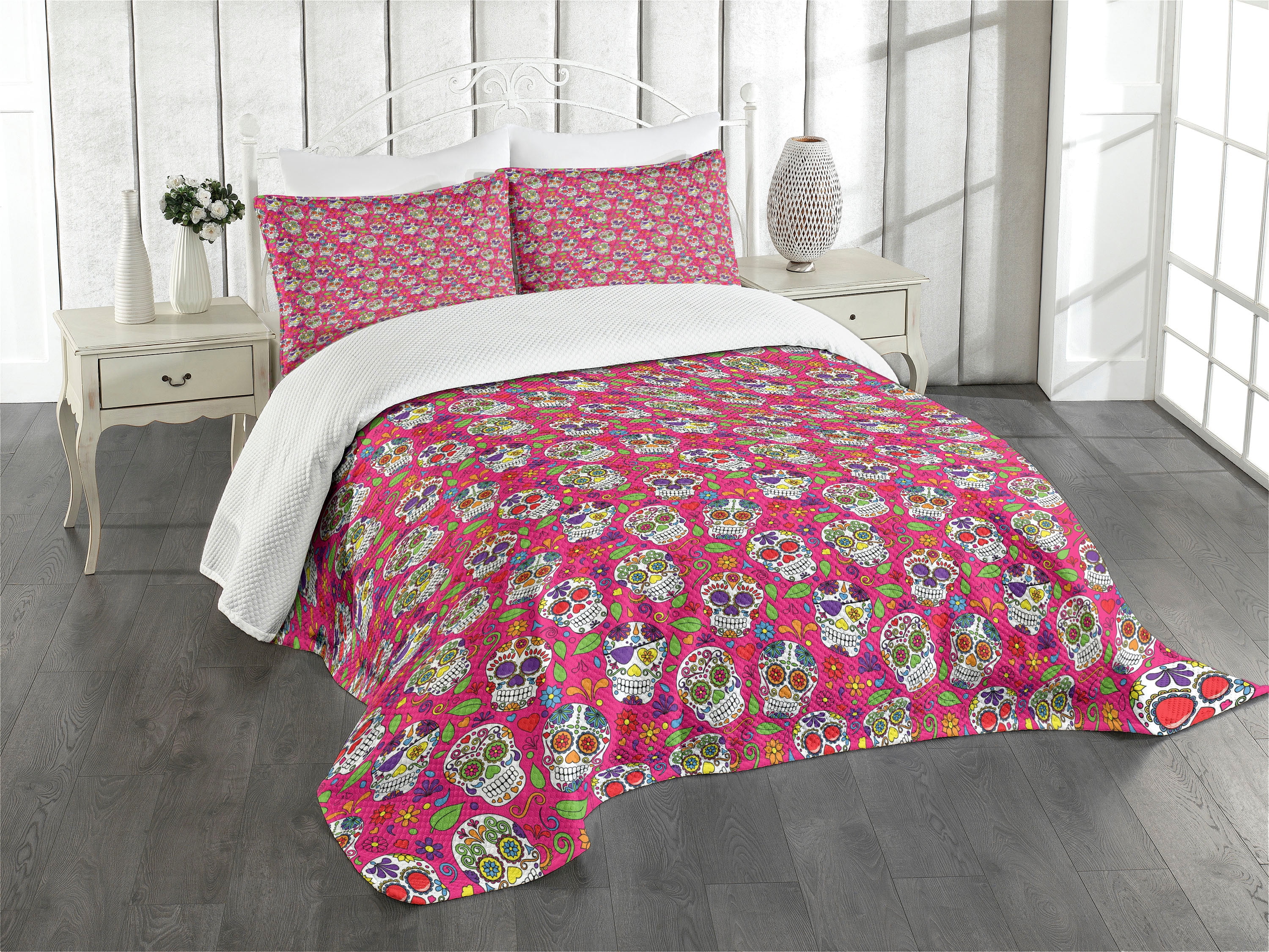 Ambesonne Colorful Quilted Bedspread Set 3 Pcs, Sugar Skull Flowers ...