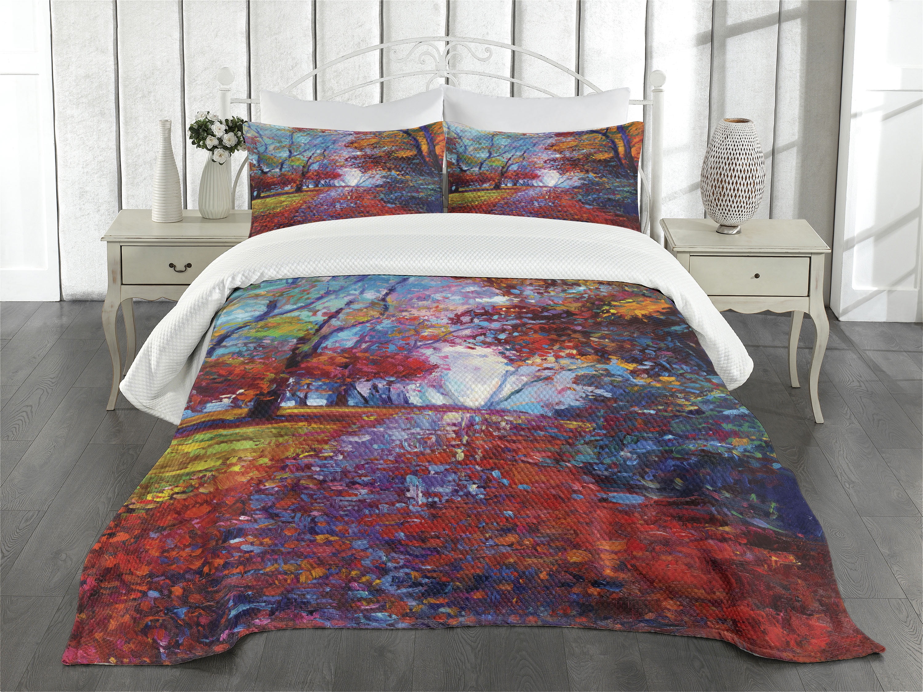 Ambesonne Colorful Quilted Bedspread Set 3 Pcs, Trees Park Fall Autumn ...