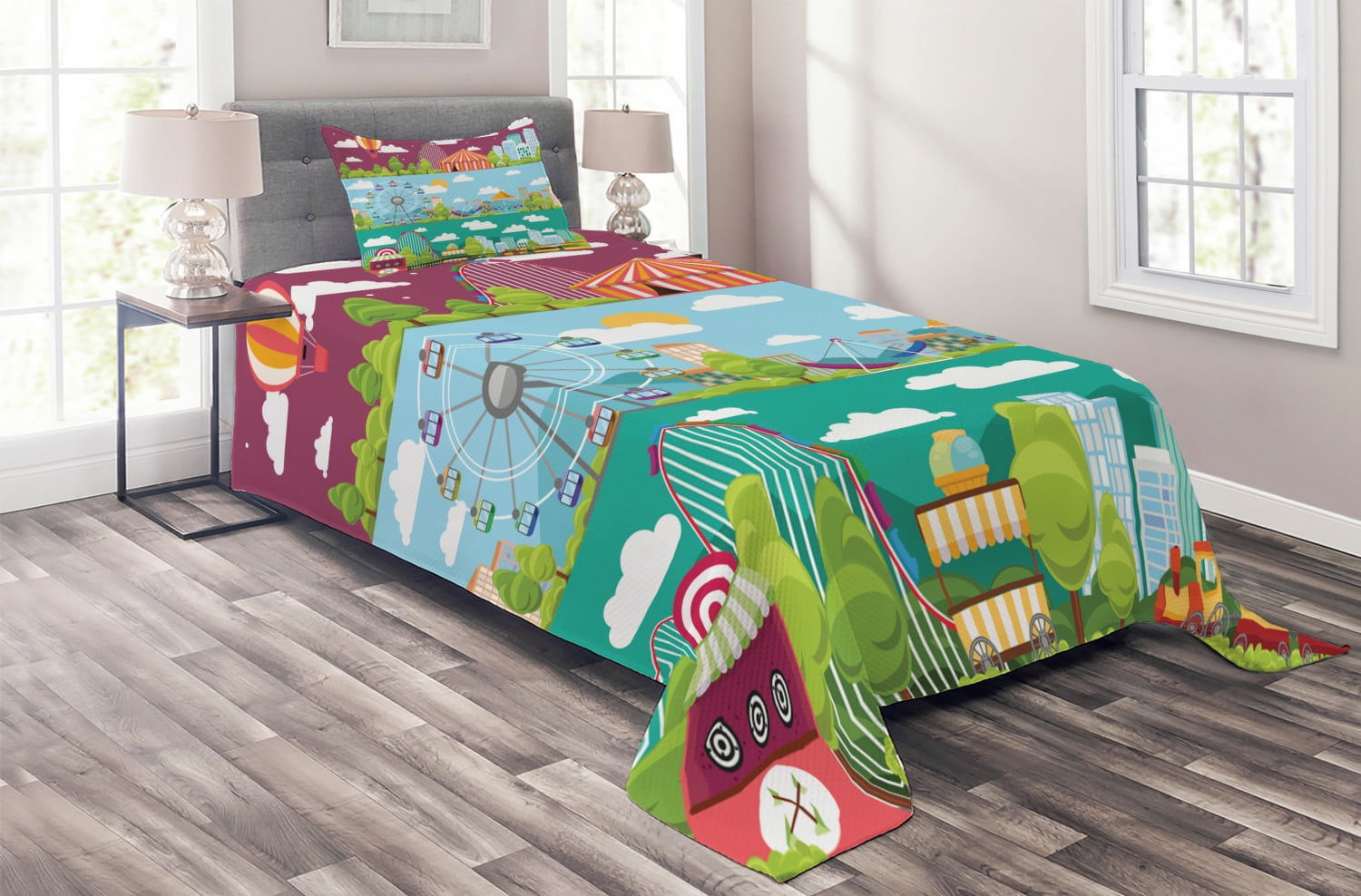 Ambesonne Colorful Quilted Coverlet 2 Pcs, Carousels Slide Swings, Twin ...