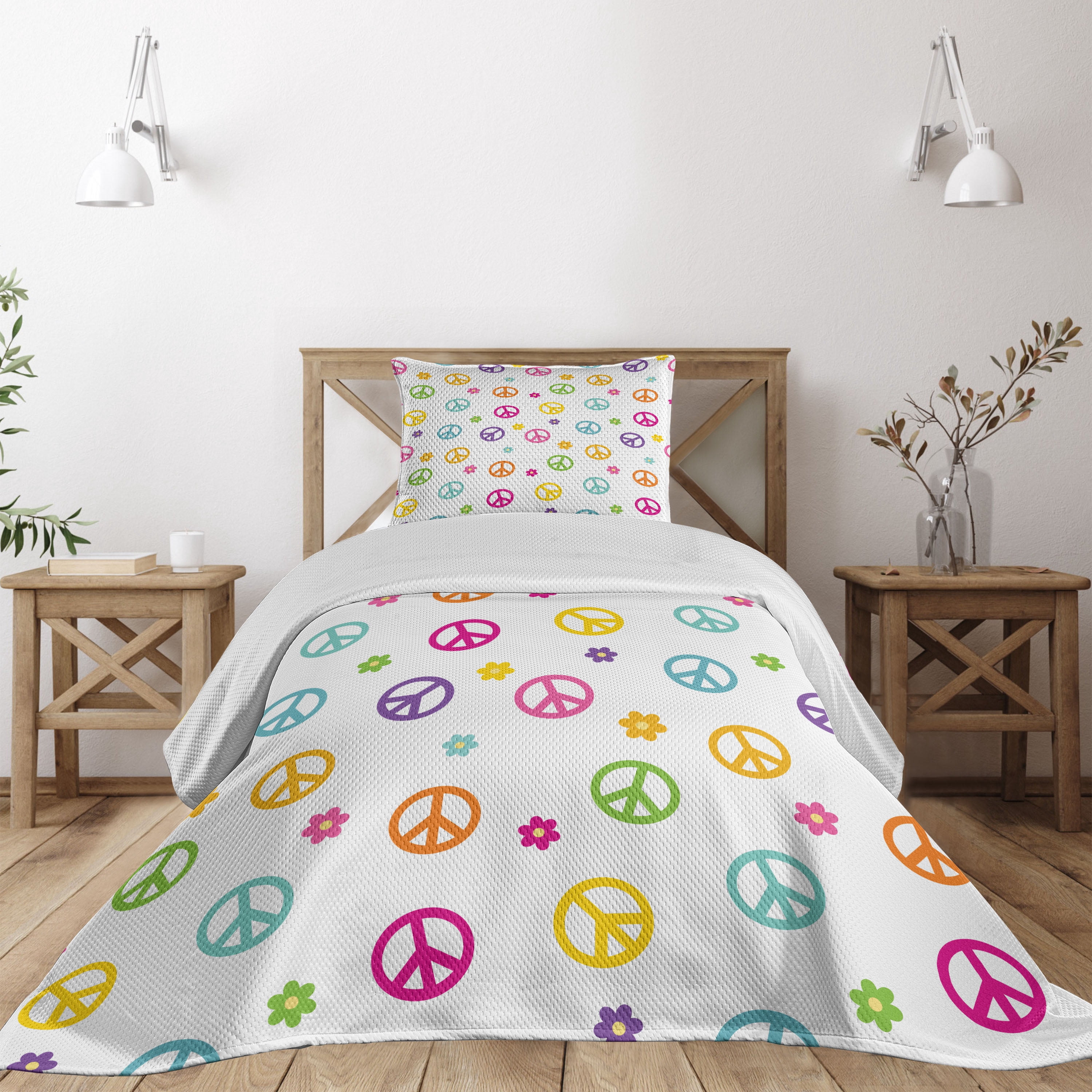 Ambesonne Colorful Quilted Coverlet 2 Pcs, Old Peace Sign, Twin Size ...