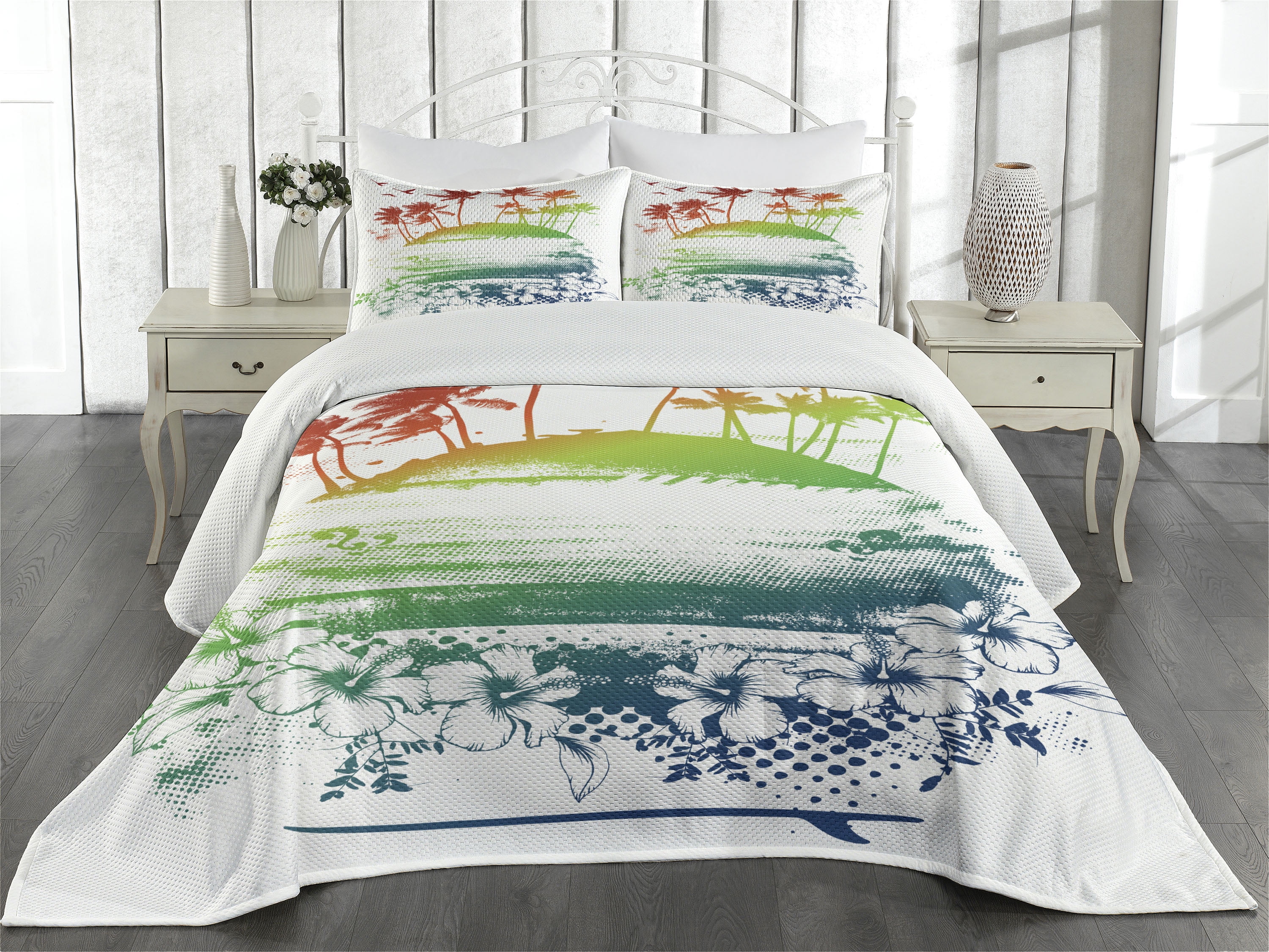 Ambesonne Colorful Quilted Coverlet 3 Pcs, Grunge Summer Scenery, Queen ...