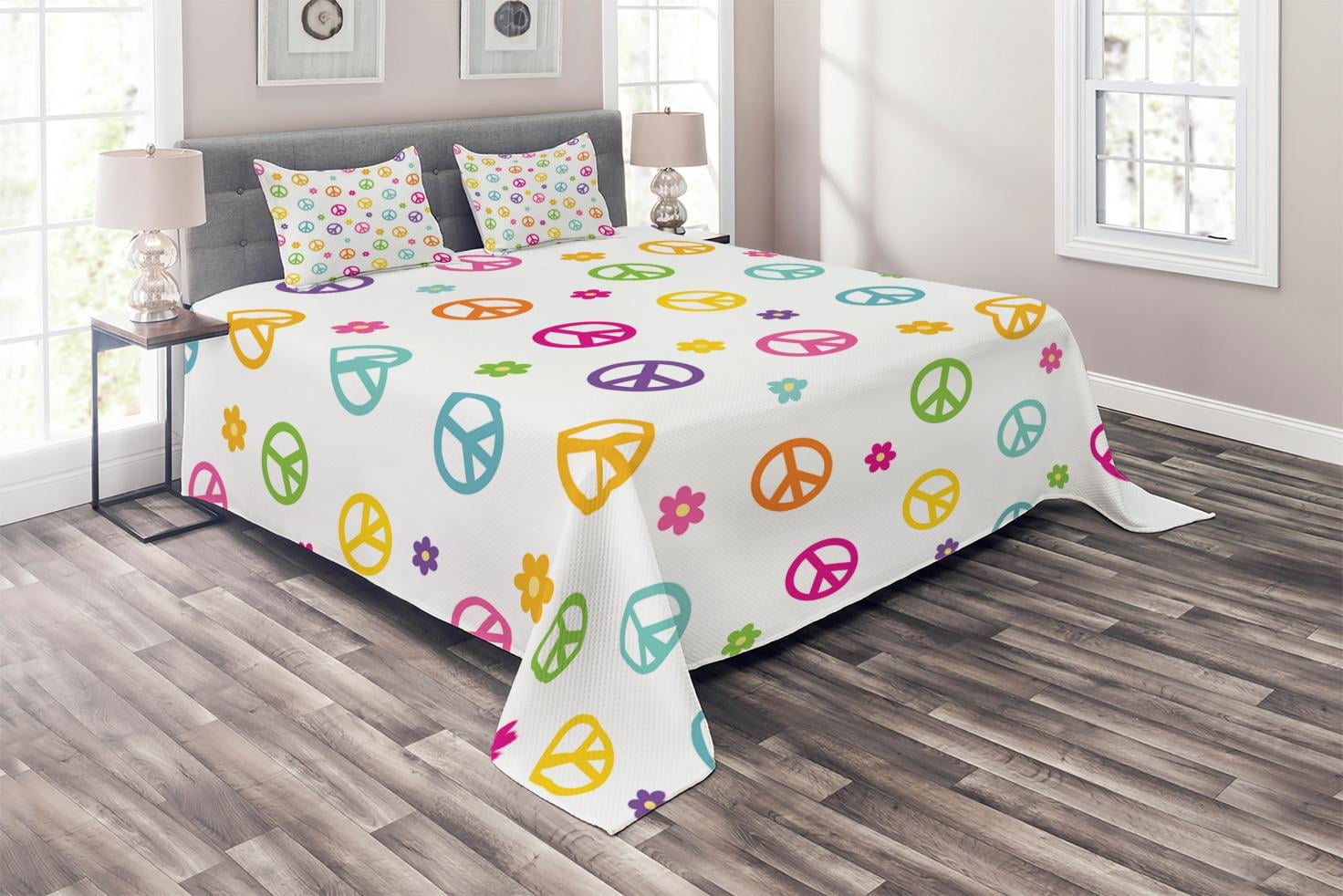 Ambesonne Colorful Quilted Coverlet 3 Pcs, Old Peace Sign, King Size ...