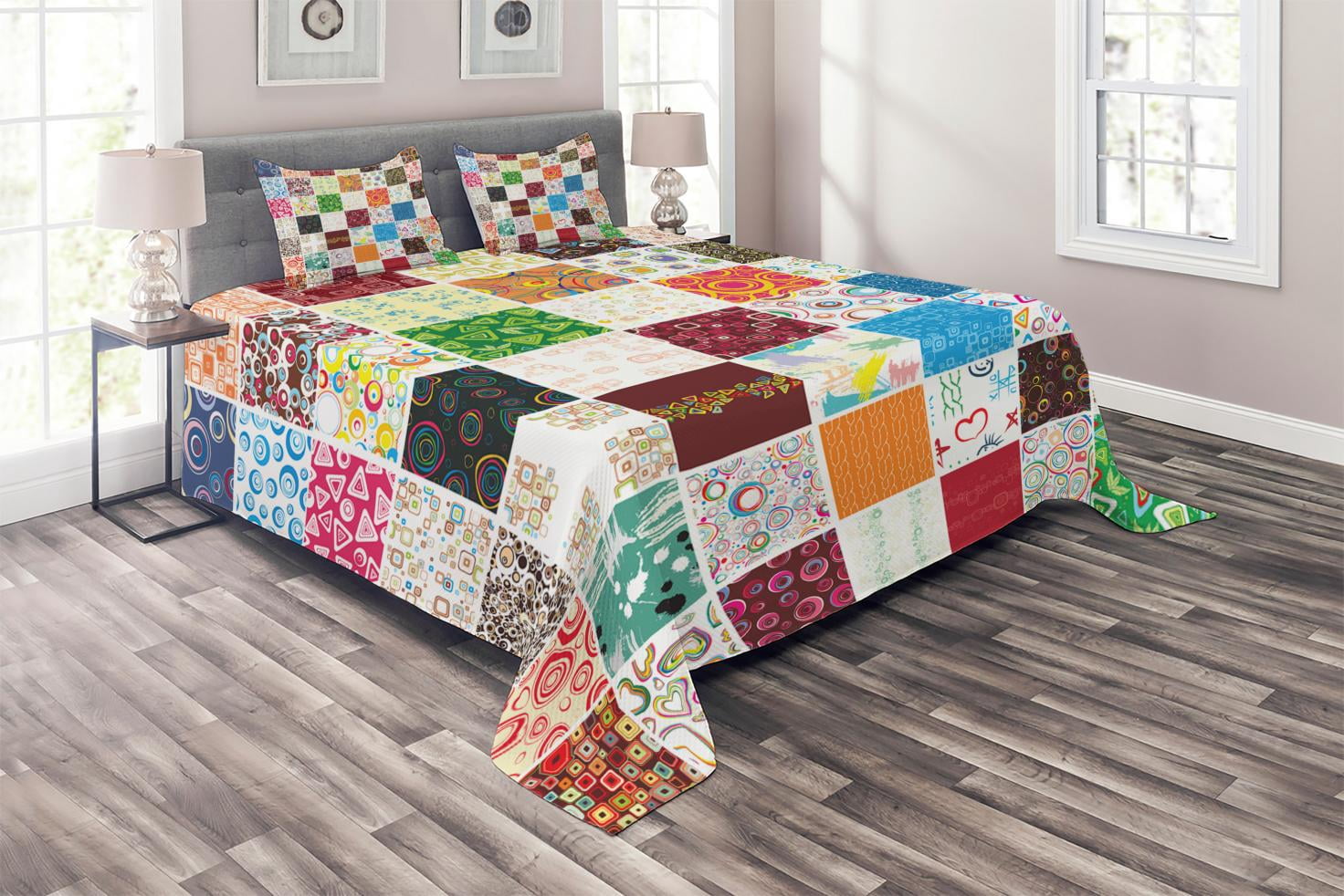 Ambesonne Colorful Quilted Coverlet 3 Pcs, Patchwork Retro Style, Queen ...