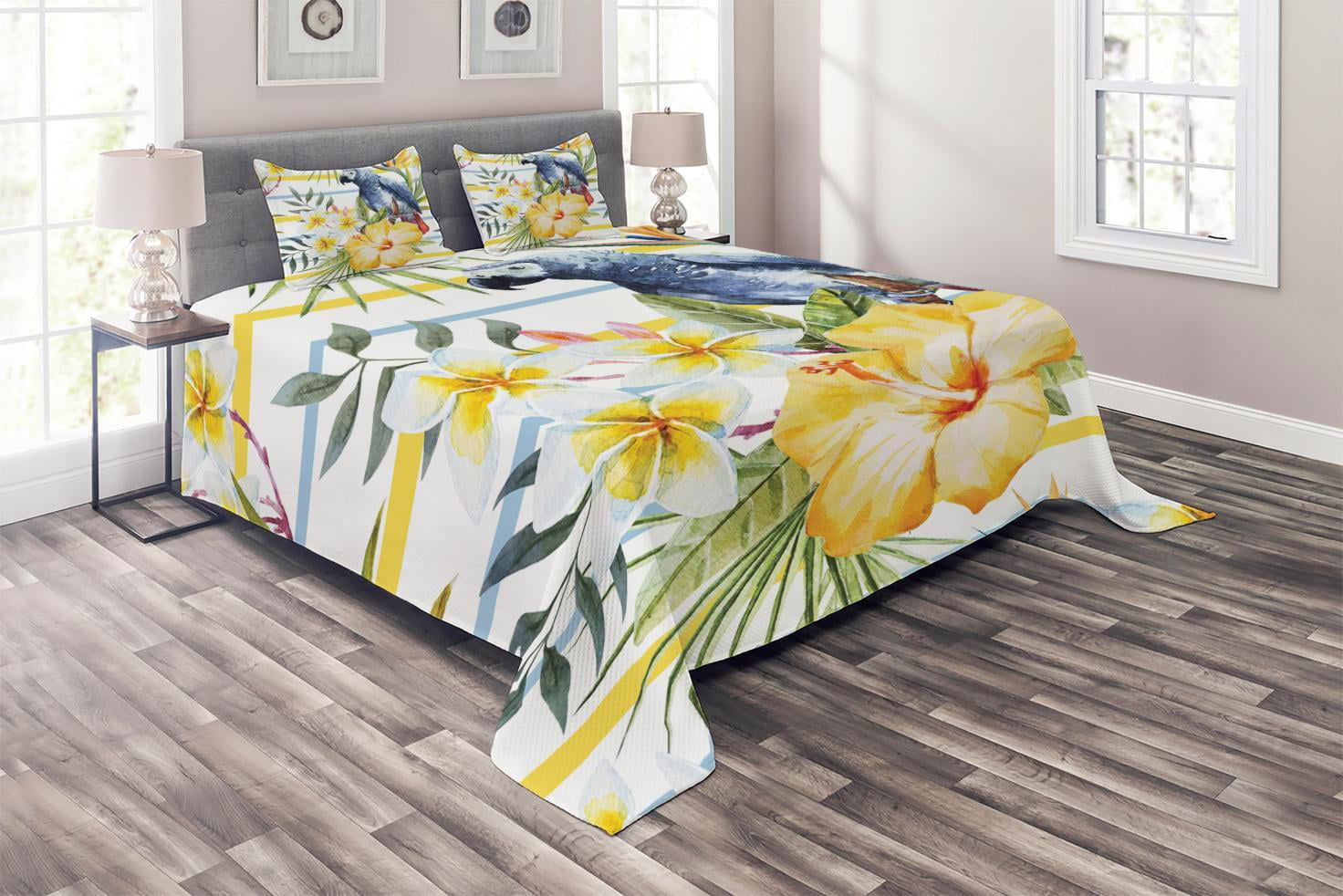 Ambesonne Colorful Quilted Coverlet 3 Pcs, Tropic Exotic Parrots, Queen ...