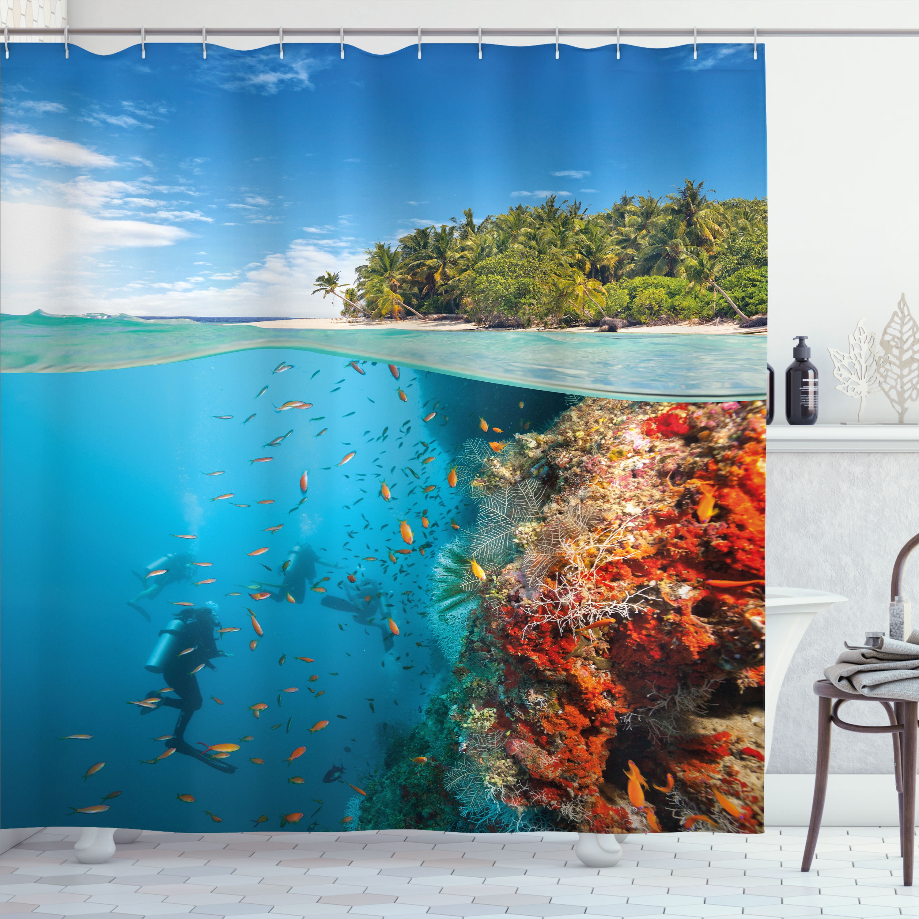 Ambesonne Colorful Shower Curtain, Divers in Coral Reef Image, 69"Wx70 ...