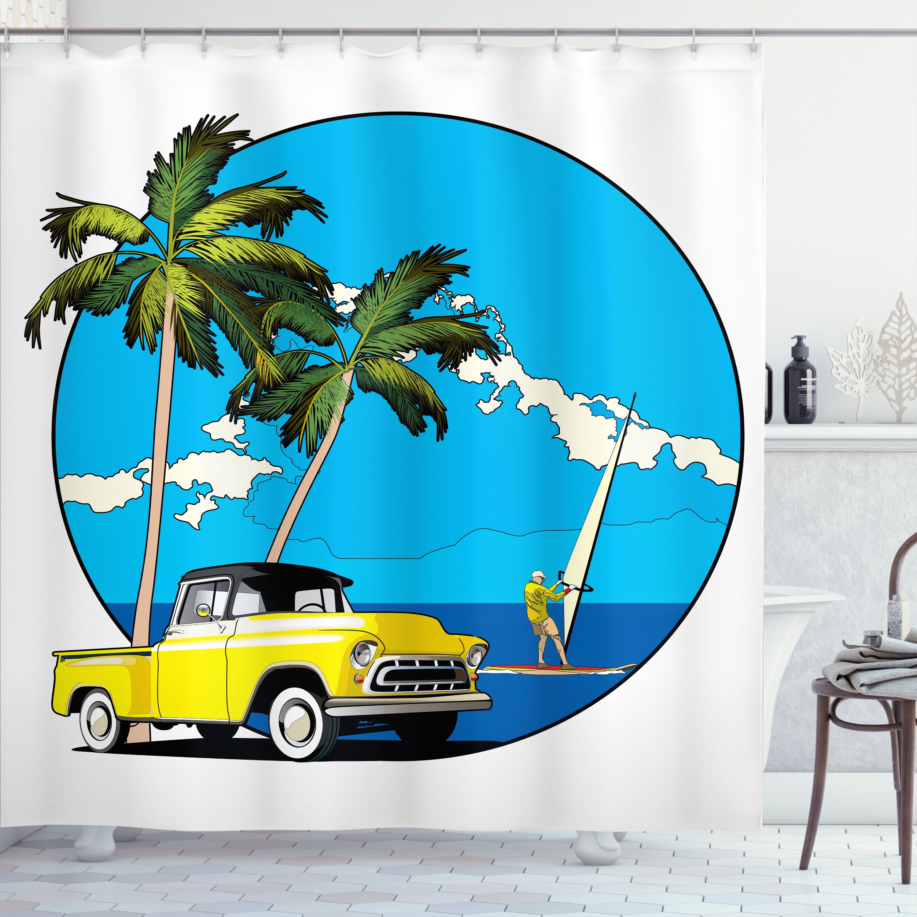Ambesonne Colorful Shower Curtain, Nostalgic Chevy Car, 69"Wx70"L ...